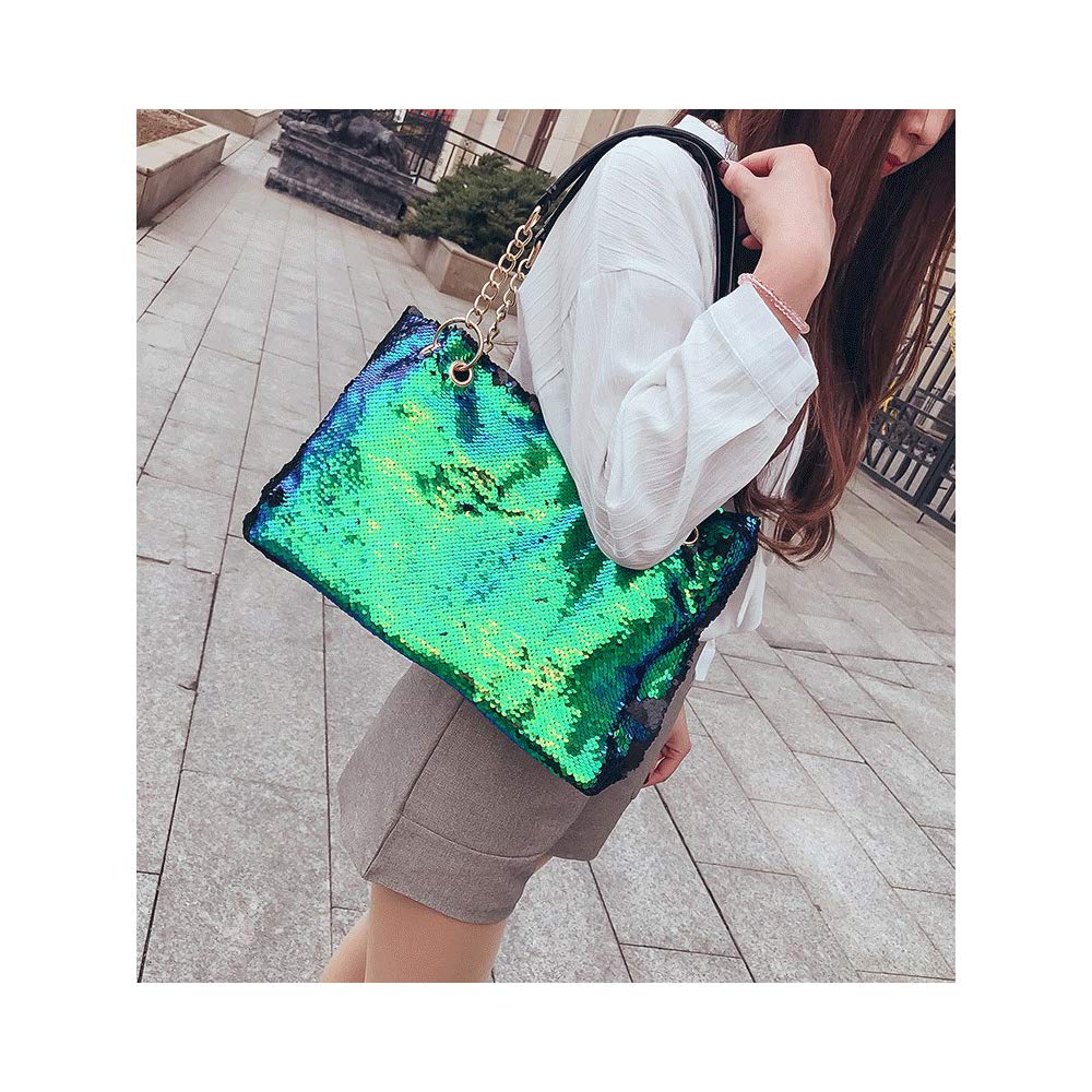 QTKJ Fashion Two Tone Reversible Sequin Tote Bag Zipper Shoulder Bag with Chain and Leather Straps (Green)