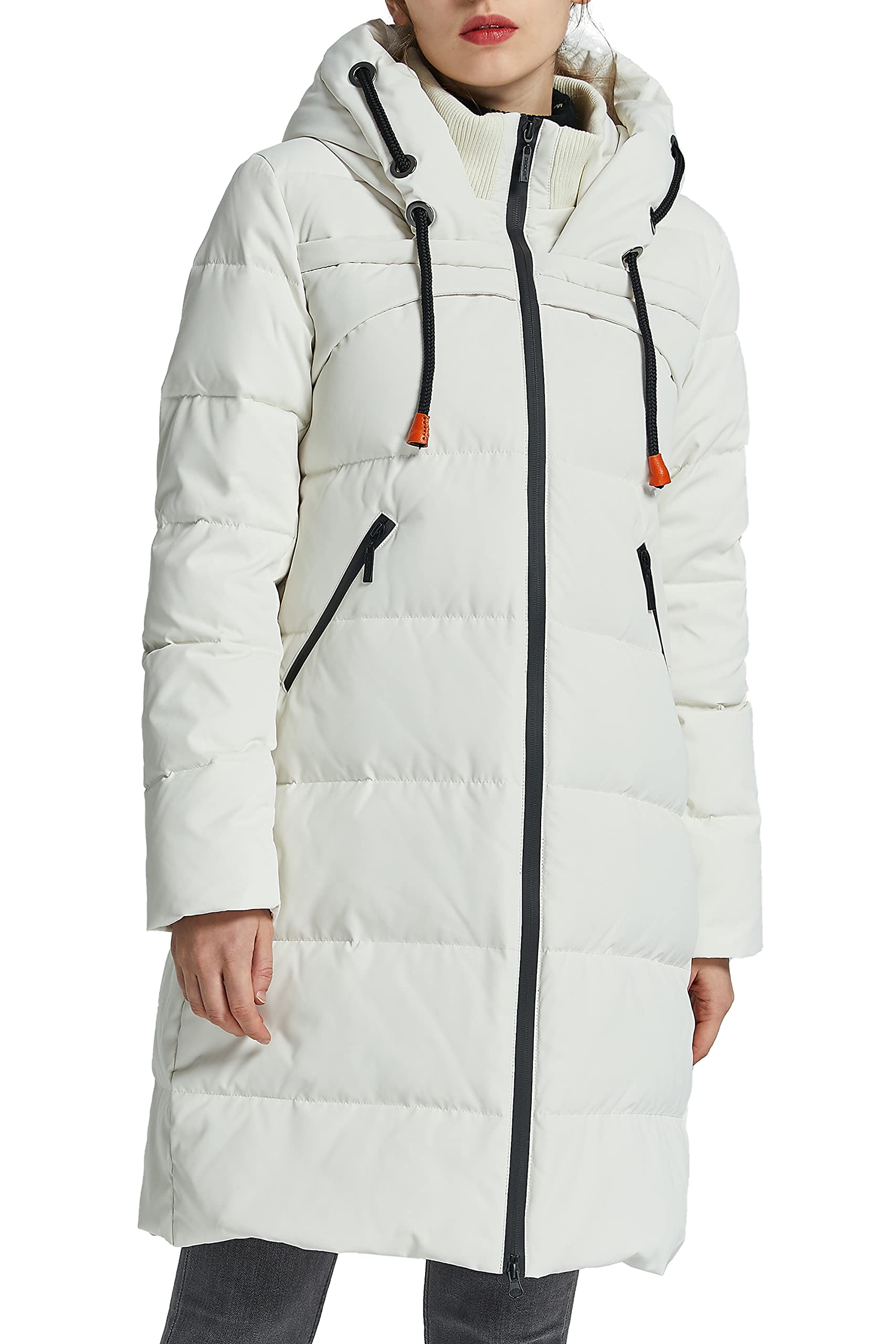 Orolay Women's Thickened Contrast Color Drawstring Down Jacket Hooded Parka Long Puffer Coat White L