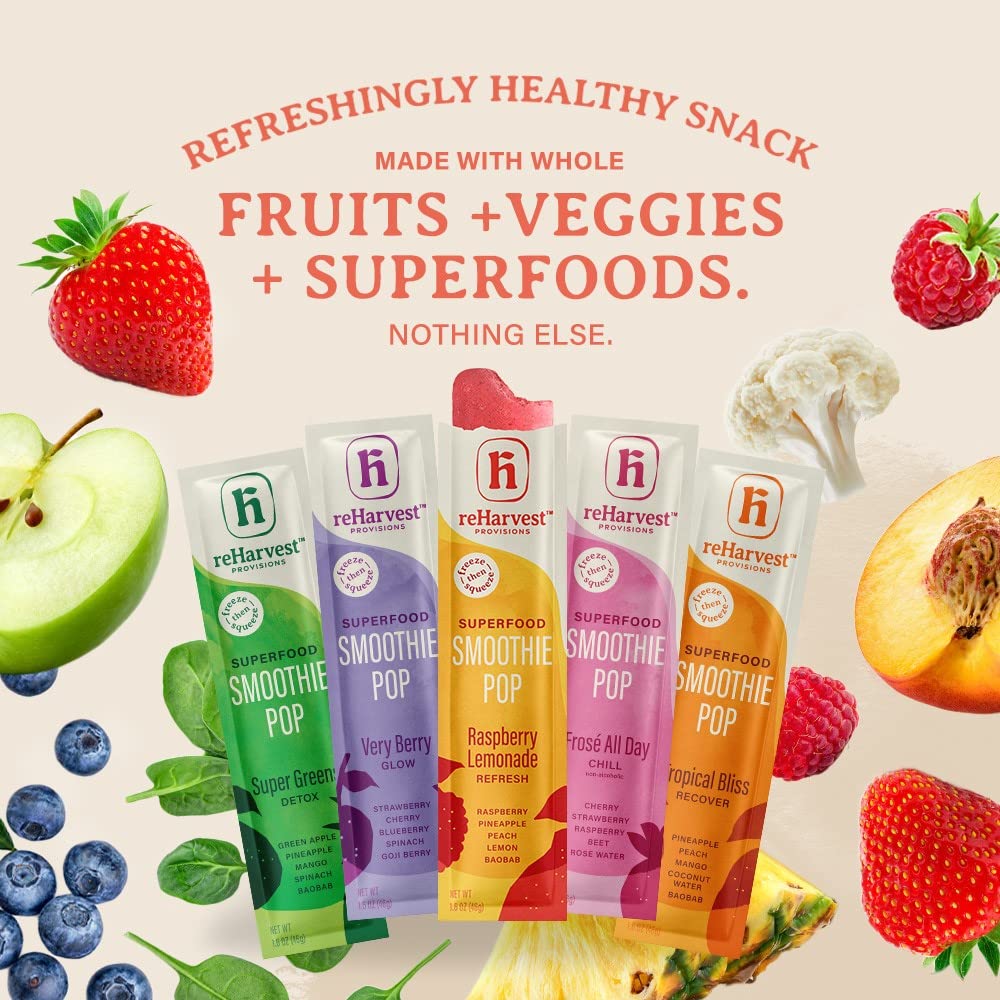 Re-Harvest Provisions Smoothie Pops | Multi-pack 5 pack | Frozen Fruit + Vegetables + Superfoods | Dairy-Free, Vegan, Gluten-Free, No Sugar Added | Eco-Friendly and Zero Waste | 1.6oz each