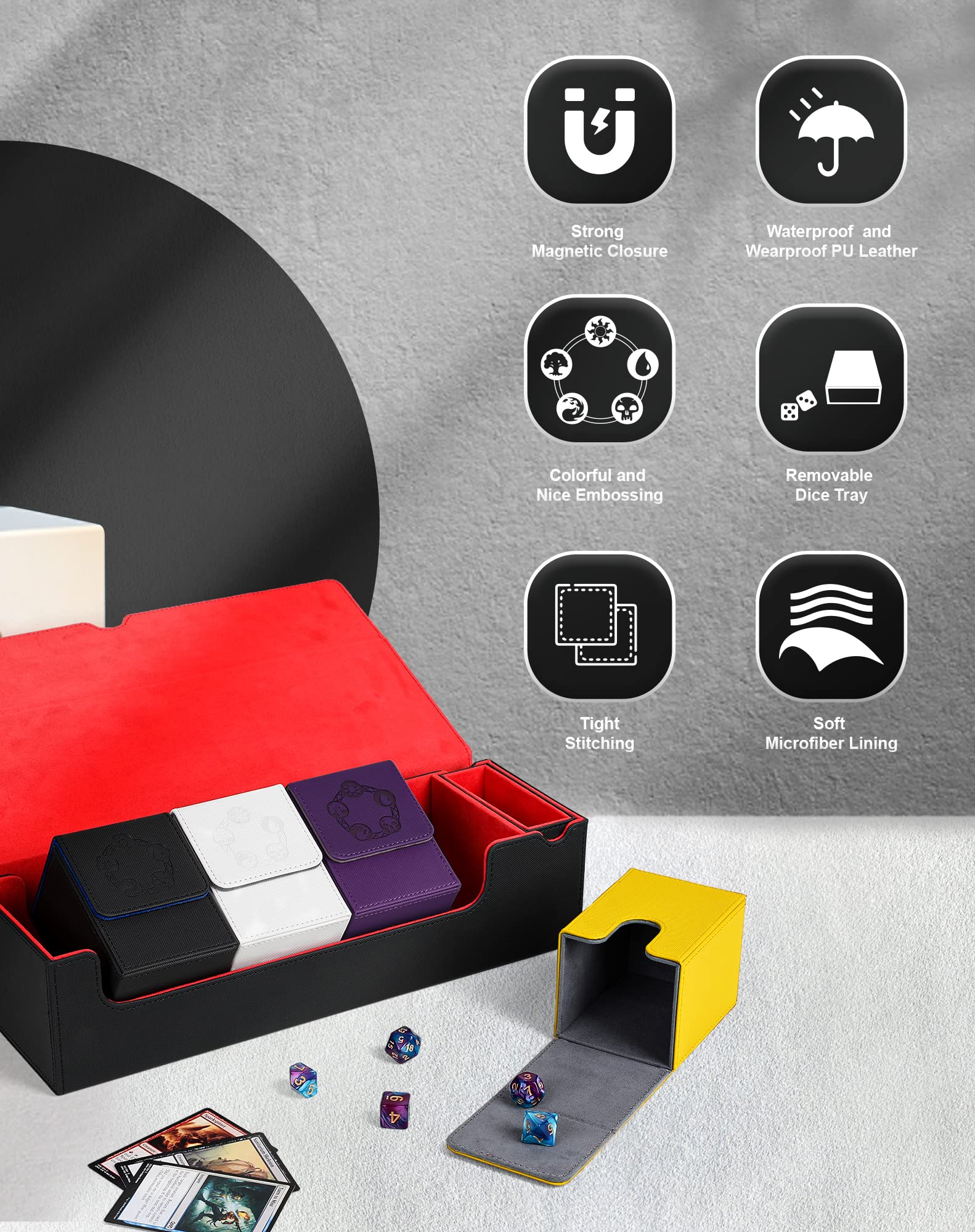 ZLCA Card Deck Box 5 In 1, Include 1600+ Premium Trading Card Storage Box with Dice Tray, and 4 PCS Card Deck Case for MTG, TCG, Sports Cards, Card Gaming Accessories Present Set (Black & Red Set 2)