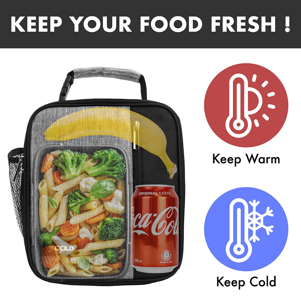 opux Lunch Box for Men, Insulated Lunch Bag for Women, Soft Lunchbox for Adult Work Office with Pocket and Clip On Handle, Reusable Compact Lunch Cooler Pail (Grey)