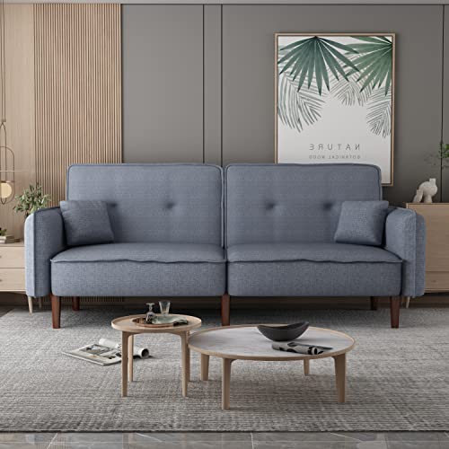 Penifun Convertible Futon Sofa Bed Sleeper Couch Folding Lounge Living Room Linen Upholstered 75 INCH 3 Setaer Loveseat with Armrest & 2 Pillows & 3 Backrest Settings-120°/150°/180°, Gray, Grey