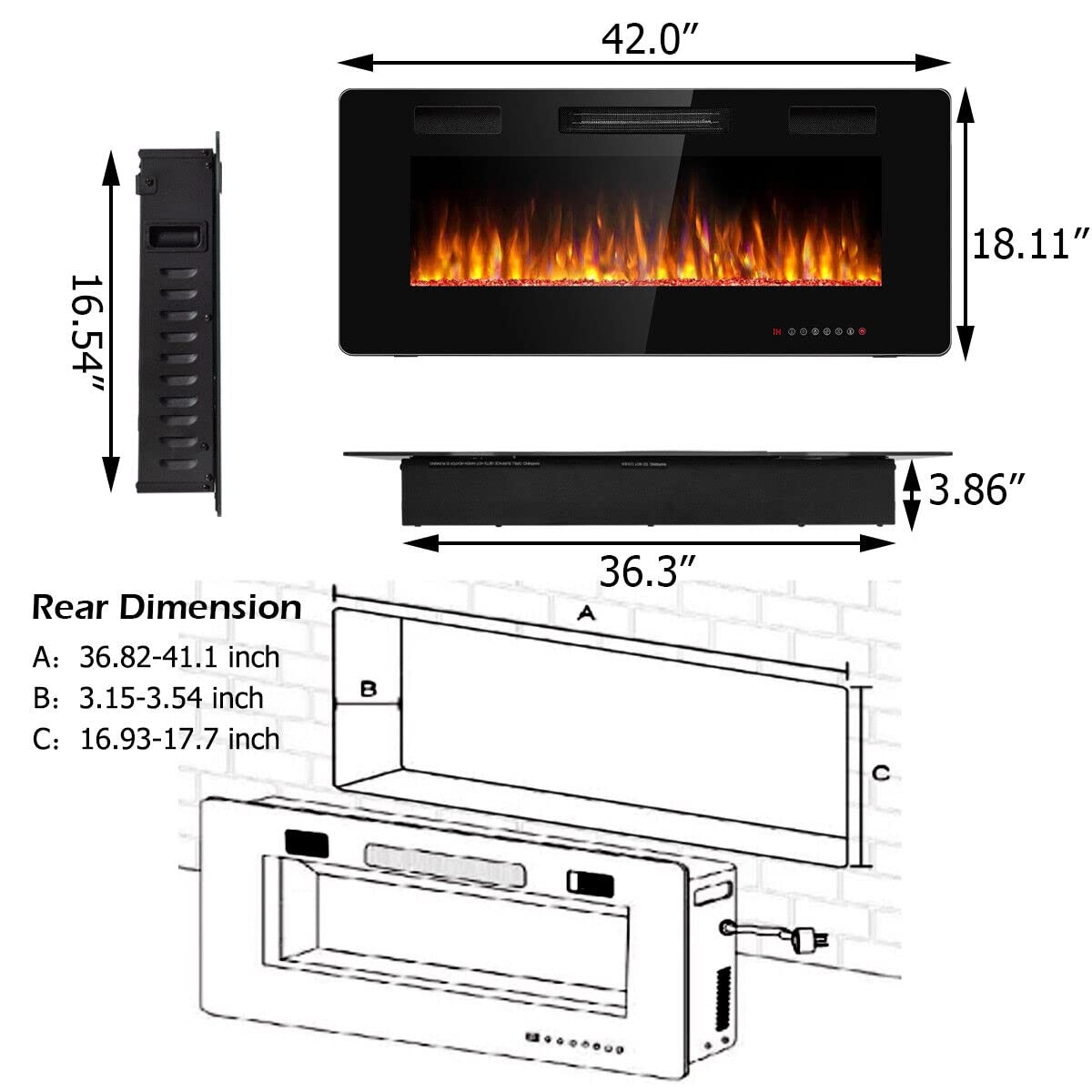 Tangkula 42 Inches Recessed Electric Fireplace, in-Wall & Wall Mounted Electric Heater with Adjustable Flame Color & Speed, Remote Control, Touch Screen, 750-1500W (42 Inches)
