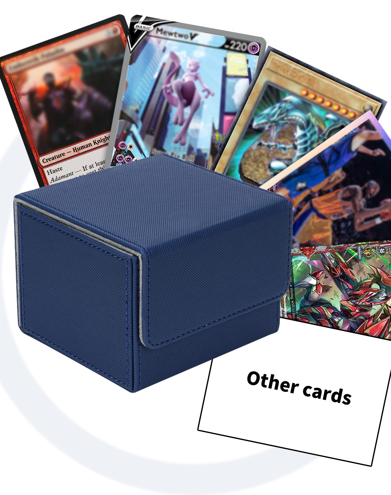 ZLCA Card Deck Box with 2 Dividers for MTG Cards, Large Horizontal Card Storage Box Fits 150+ Single Sleeved Cards, PU Leather Commander Deck box for TCG CCG (Navy)