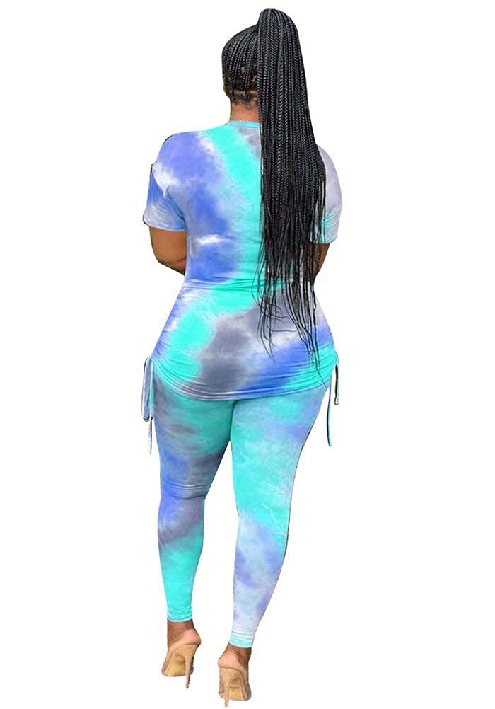 Sprifloral Two Piece Outfits Pant Set Women Tie Dye Print Tunic Top Plus Size Short Track Suits Jumpsuit Royal Blue XL