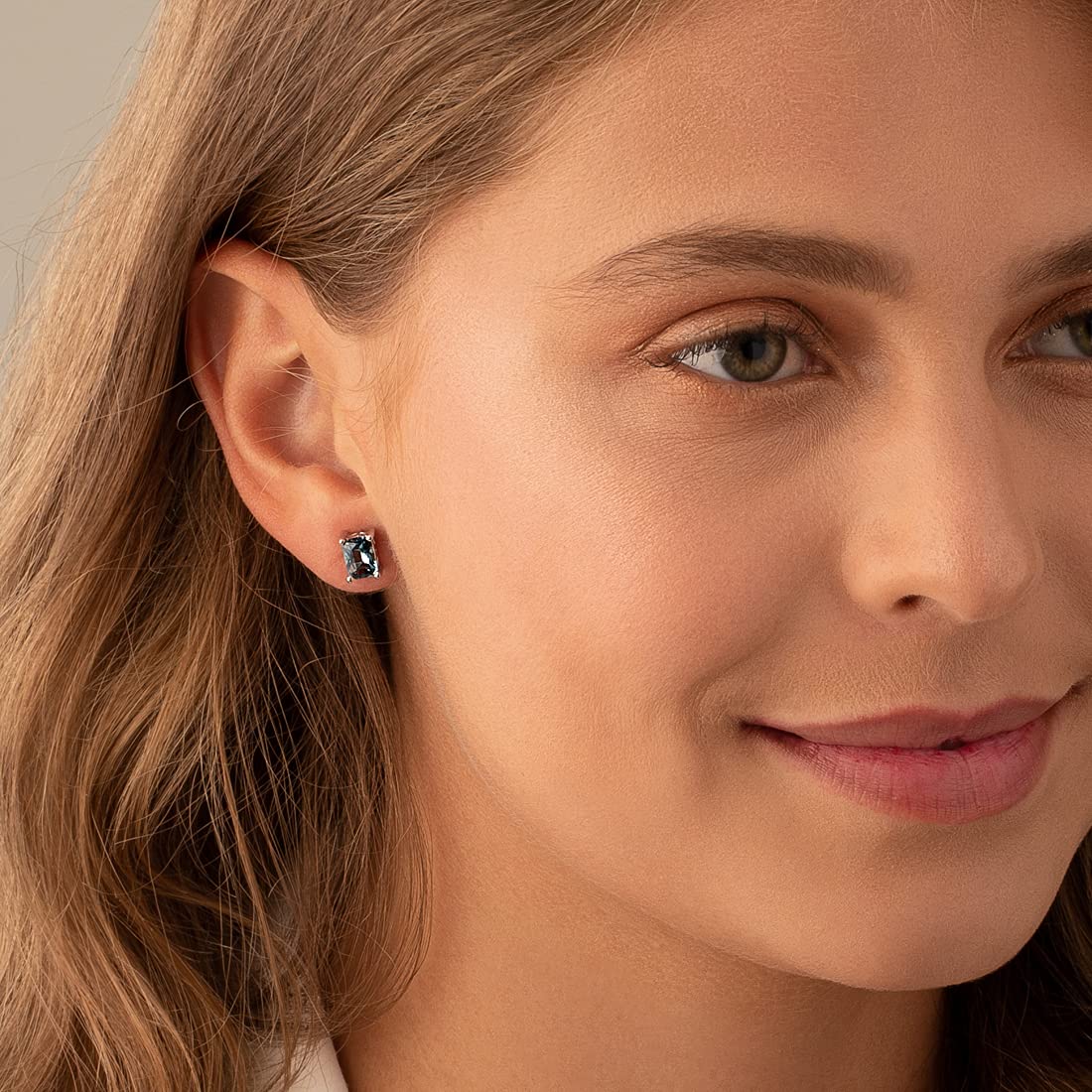 Peora London Blue Topaz Sterling Silver Stud Earrings for Women, Scroll Design, 2 Carats total Radiant Cut 7x5mm