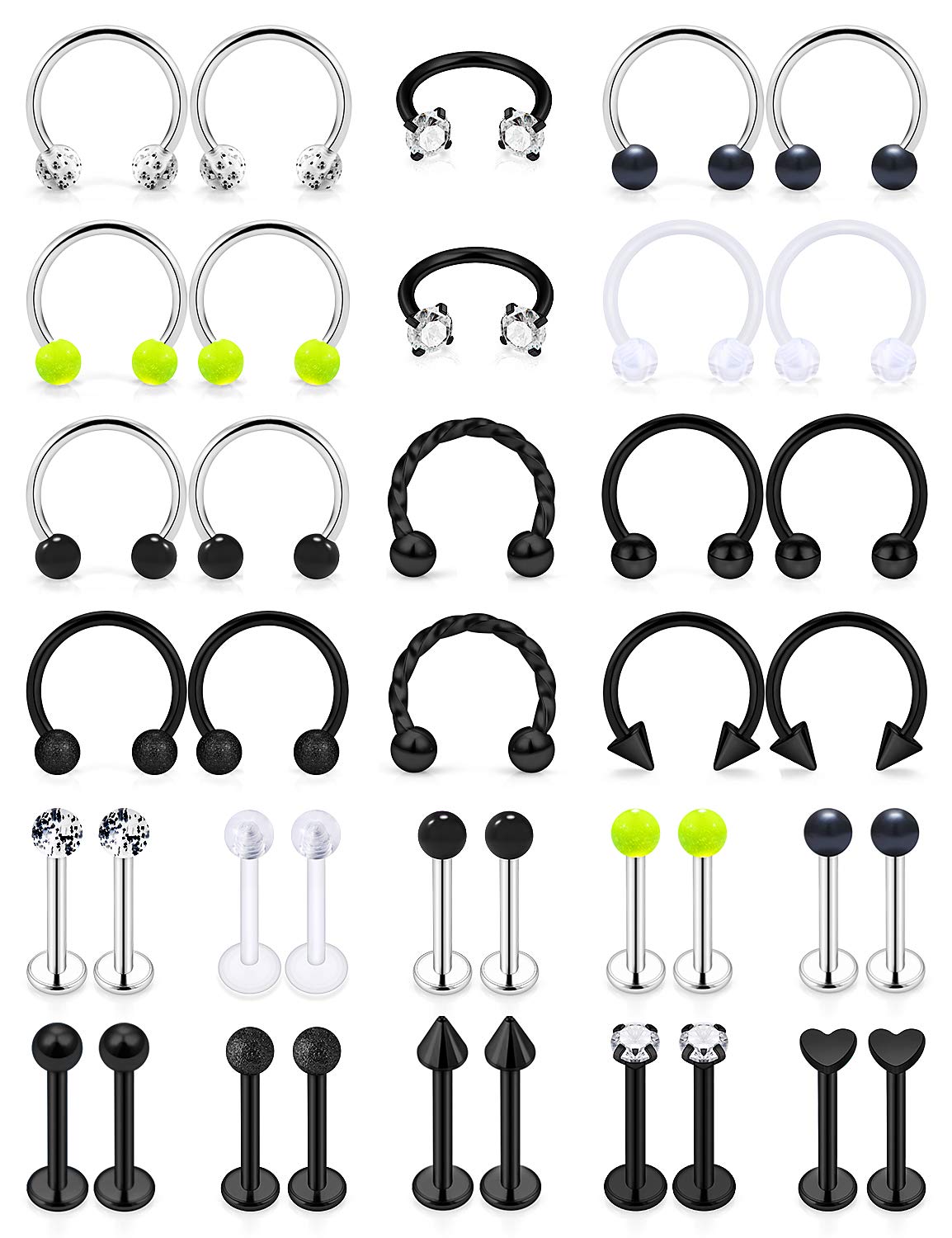 Prjndjw 16g Lip Rings Stainless Steel Horseshoe Labret Monroe Lip Rings Nail Tragus Helix Earrings Studs Ring Medusa Piercing Jewelry 8mm 40 Pcs Glow in the Dark Black