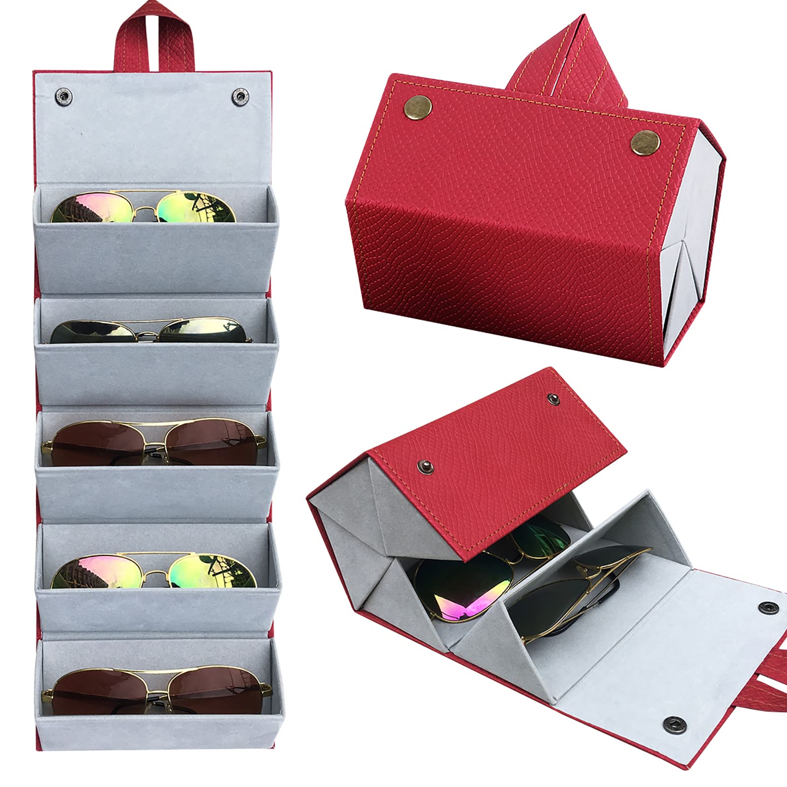Xilkoze 5 Slots Travel Sunglasses Organizer Glasses Case Foldable EyeGlass Holder Storage Box for Multiple Glasses