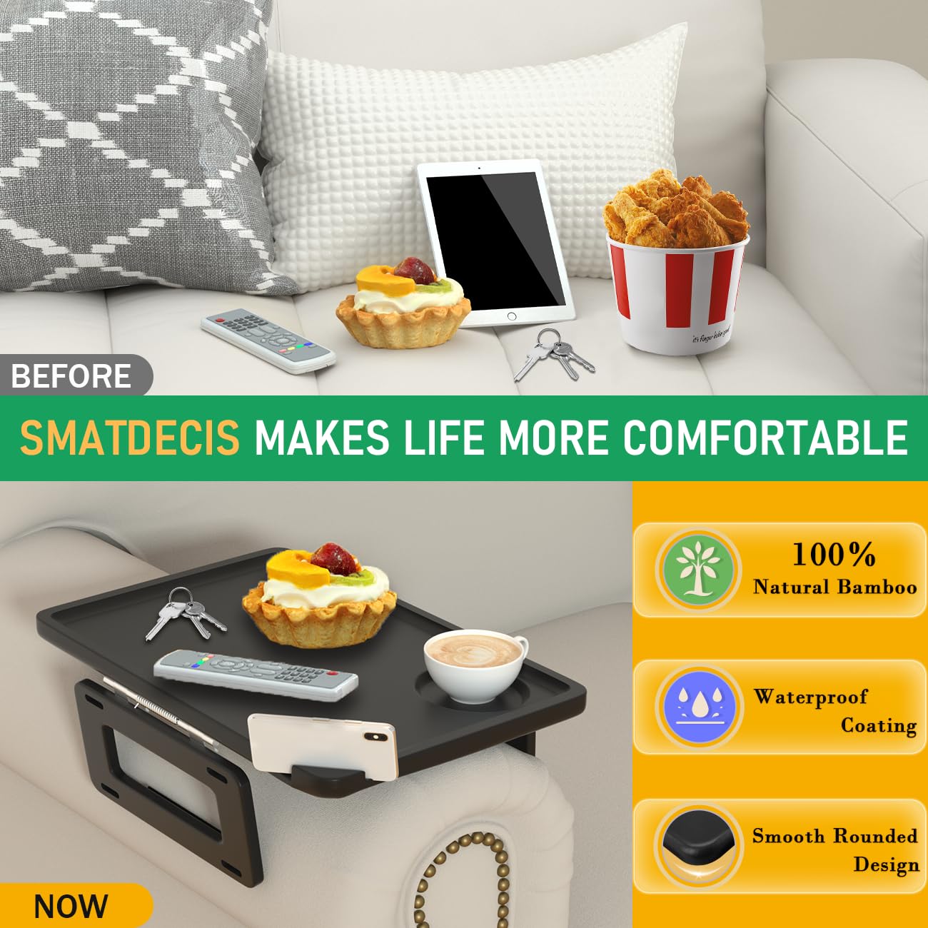 Multi-Function Arm Clip Table Tray for Couch, Sofa with Armrest Suitable for Home Drinks/Fast Food/Fruit Etc, Large Size Brown(360° Rotation - Left and Right Position Compatible)