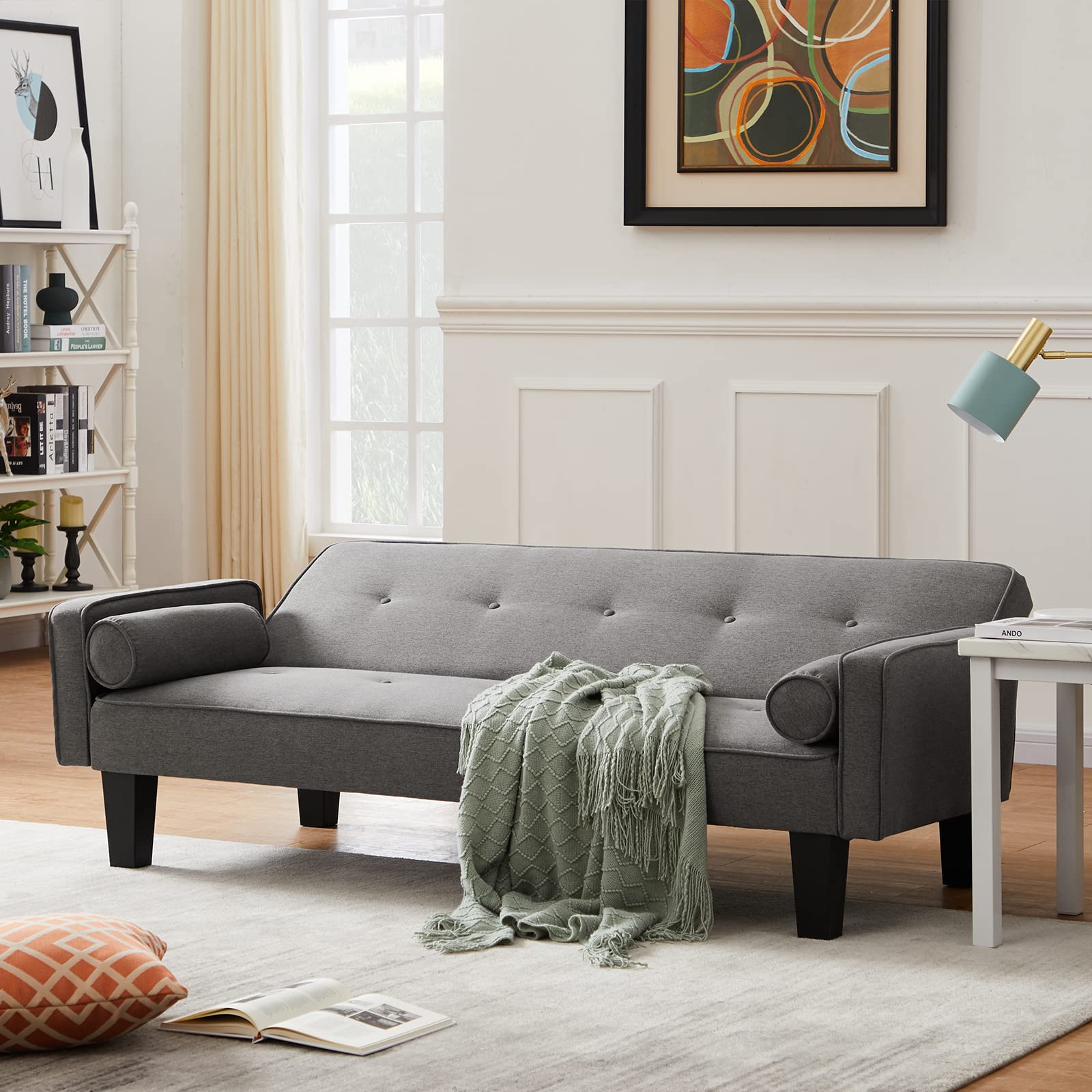 Recaceik Modern Futon Sofa Bed, Convertible Folding Sofa Couch LoveSeat Couch Living Room Folding Sleeper with 2 Pillows Furniture for Small Apartment, Space, Home