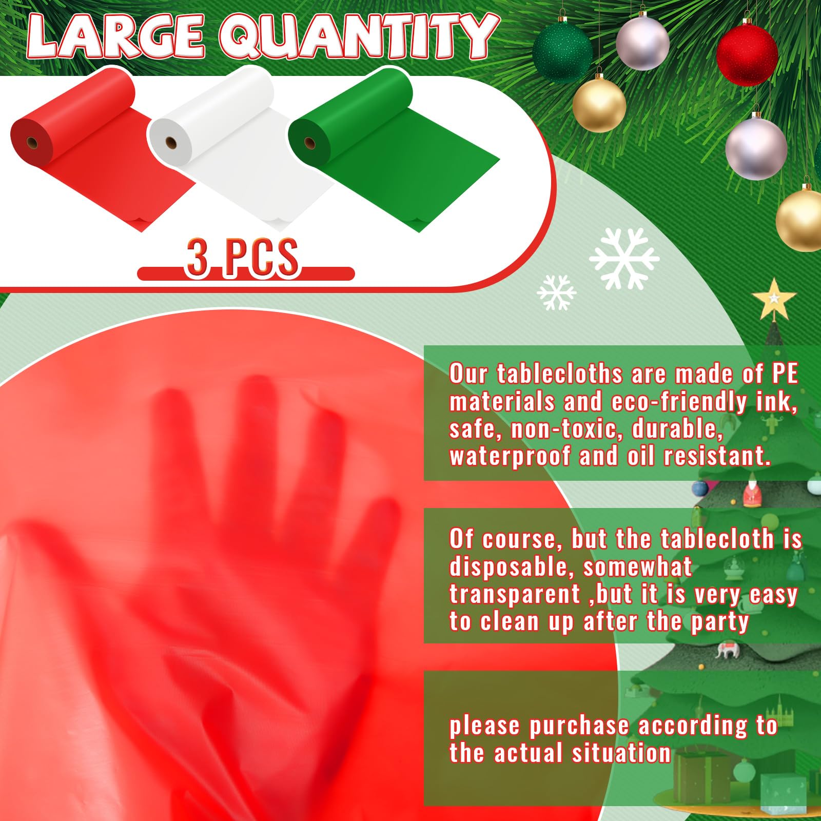Preboun 3 Pcs Christmas Disposable Tablecloth Roll Plastic Table Cover Roll Table Cloth Rolls with Cutter Box for Christmas Parties and Decorations, Red, White, Green, 40" x 100'
