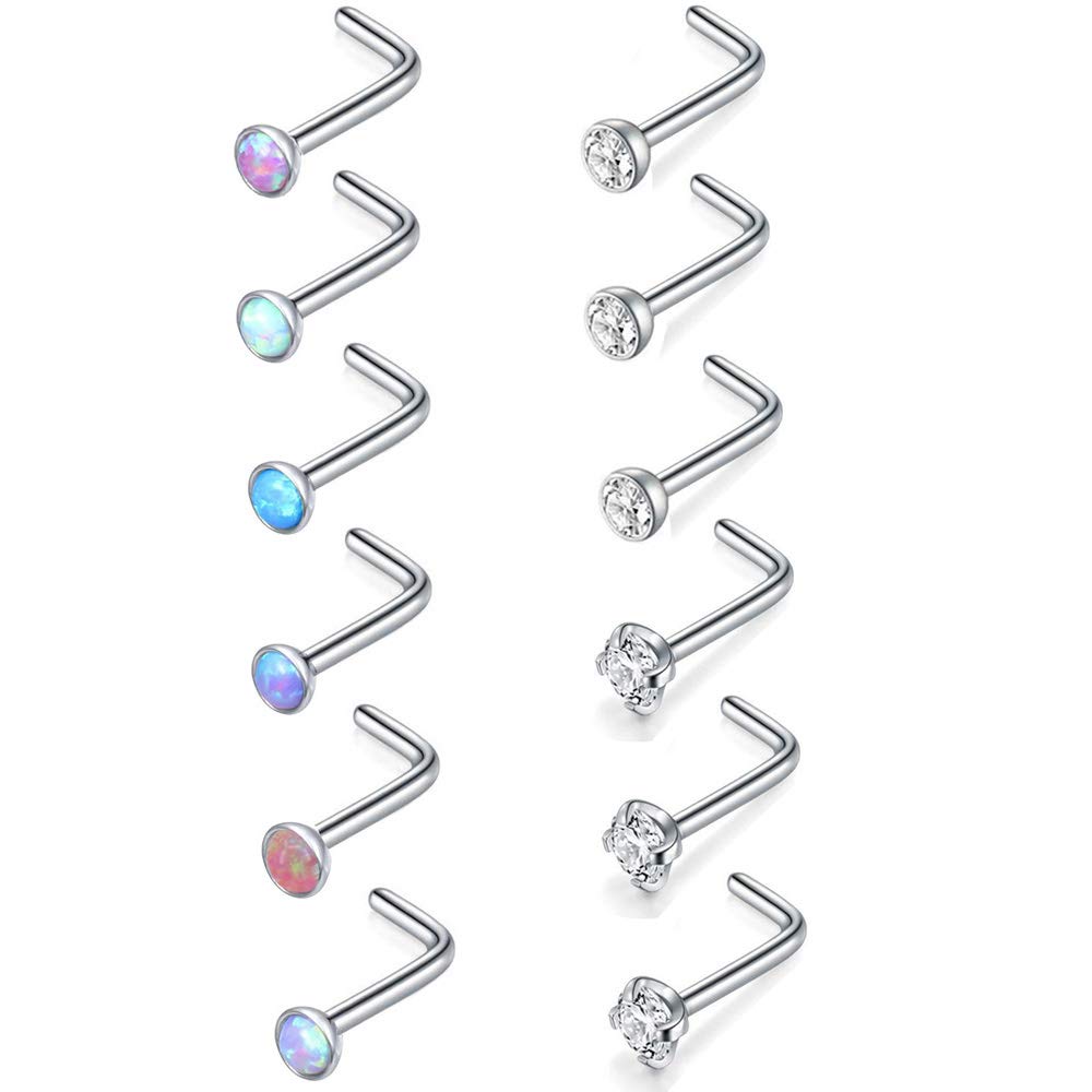 Piercingpops 12PCS 20g Tiny CZ Opal Nose Bone/L Shaped/Nose Screws Stud Stainless Steel Nose Ring Set Body Jewelry Piercing (12PCS - 3mm Opal & CZ(L Shaped Style))