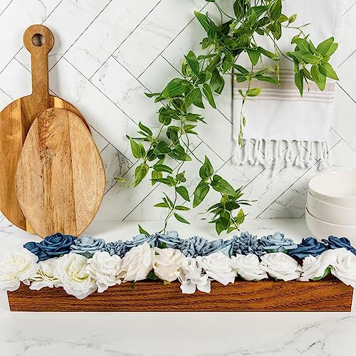 Rectangular Acrylic Flower Centerpieces for Tables with Wood Grain Pattern | Long 24 Hole Flower Arrangement Holder | Acrylic Flower Centerpiece Vase | Dining Table Decor Centerpiece Vases for Table