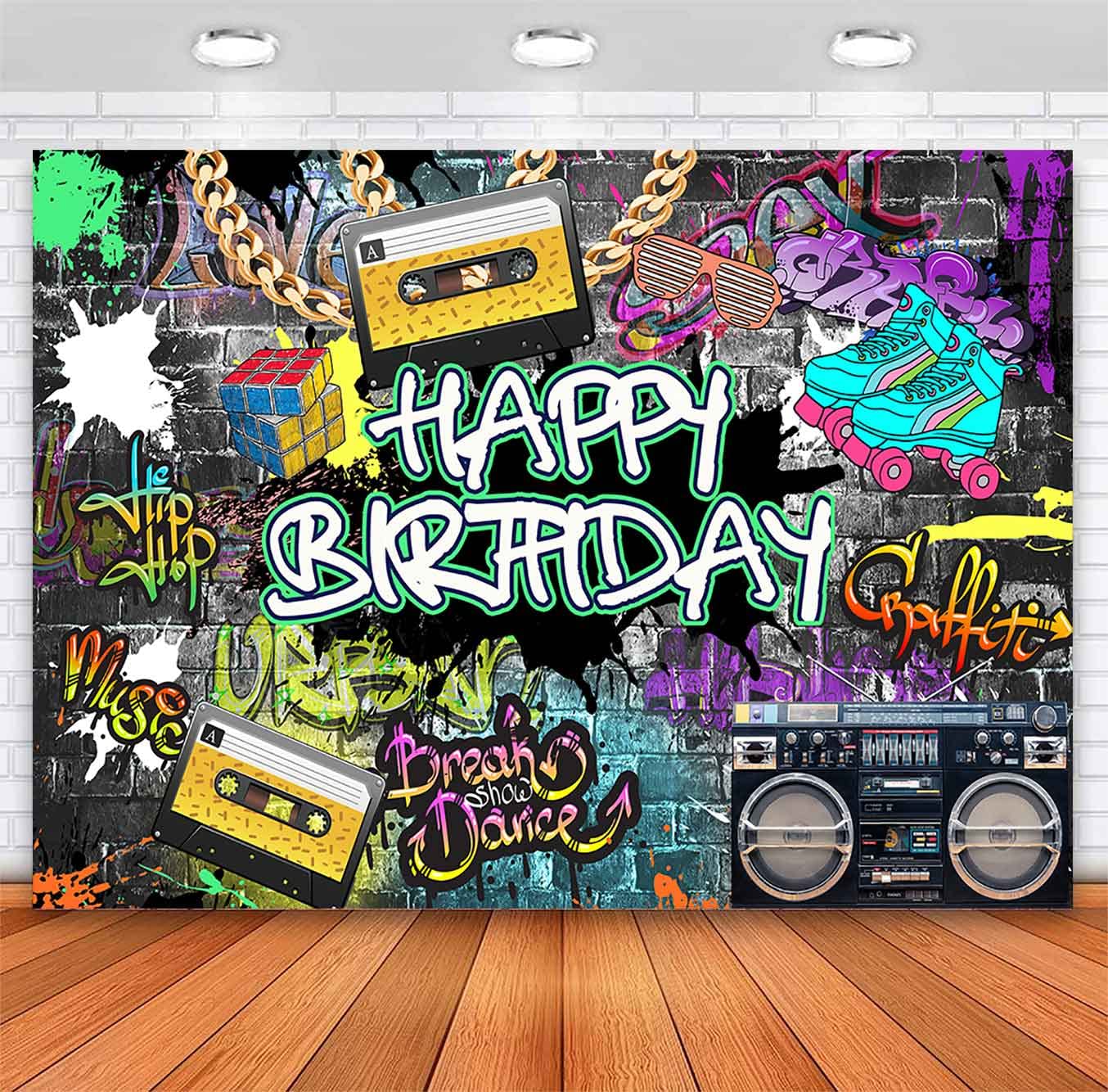 Sensfun Graffiti 80's 90's Birthday Backdrop Urban Retro Hip Hop Birthday Party Background Gold Chain Glasses Cartridge Tape Recorder Disc Rock Birthday Decoration Banner Photo Booth Props 7x5ft