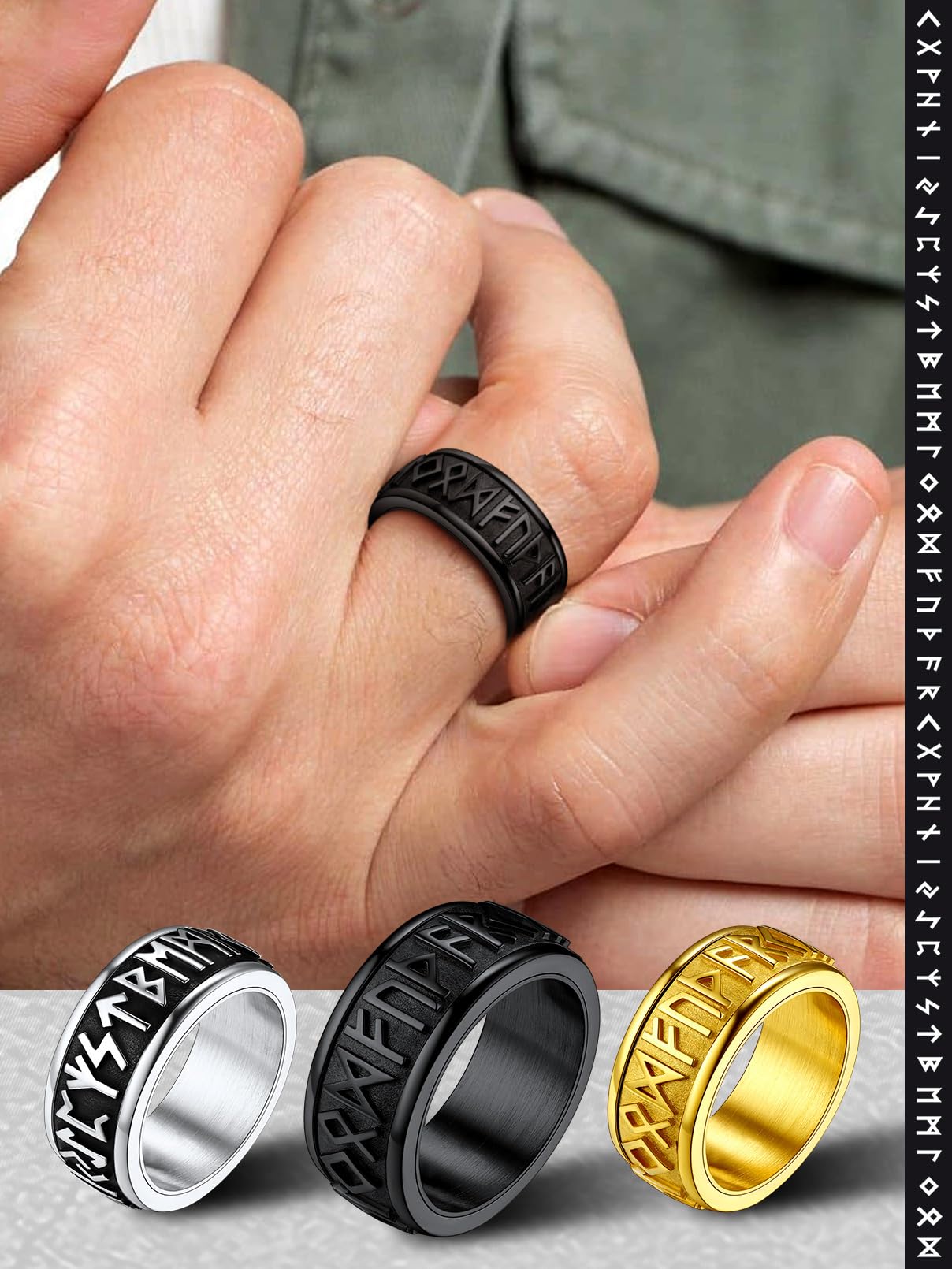 Scandinavia Viking Rune Band Thumb Rings, Black Punk Pinky Ring for Male, Women Spinner Stackable Finger Acccessories
