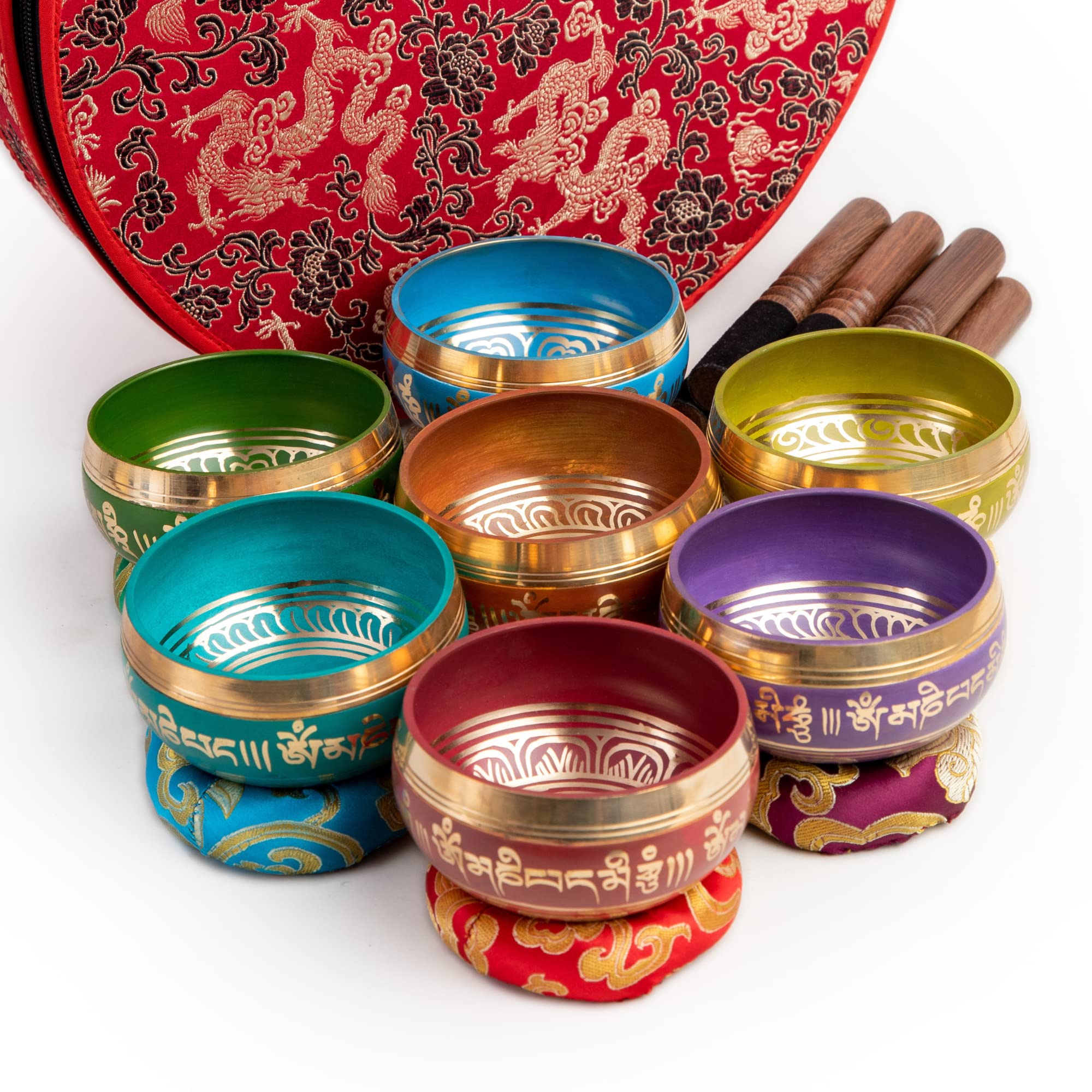 Tibetan Singing Bowls Set Of 7 Chakra Color for Meditation Mindfulness with Carry Box by Himalayan Bazaar