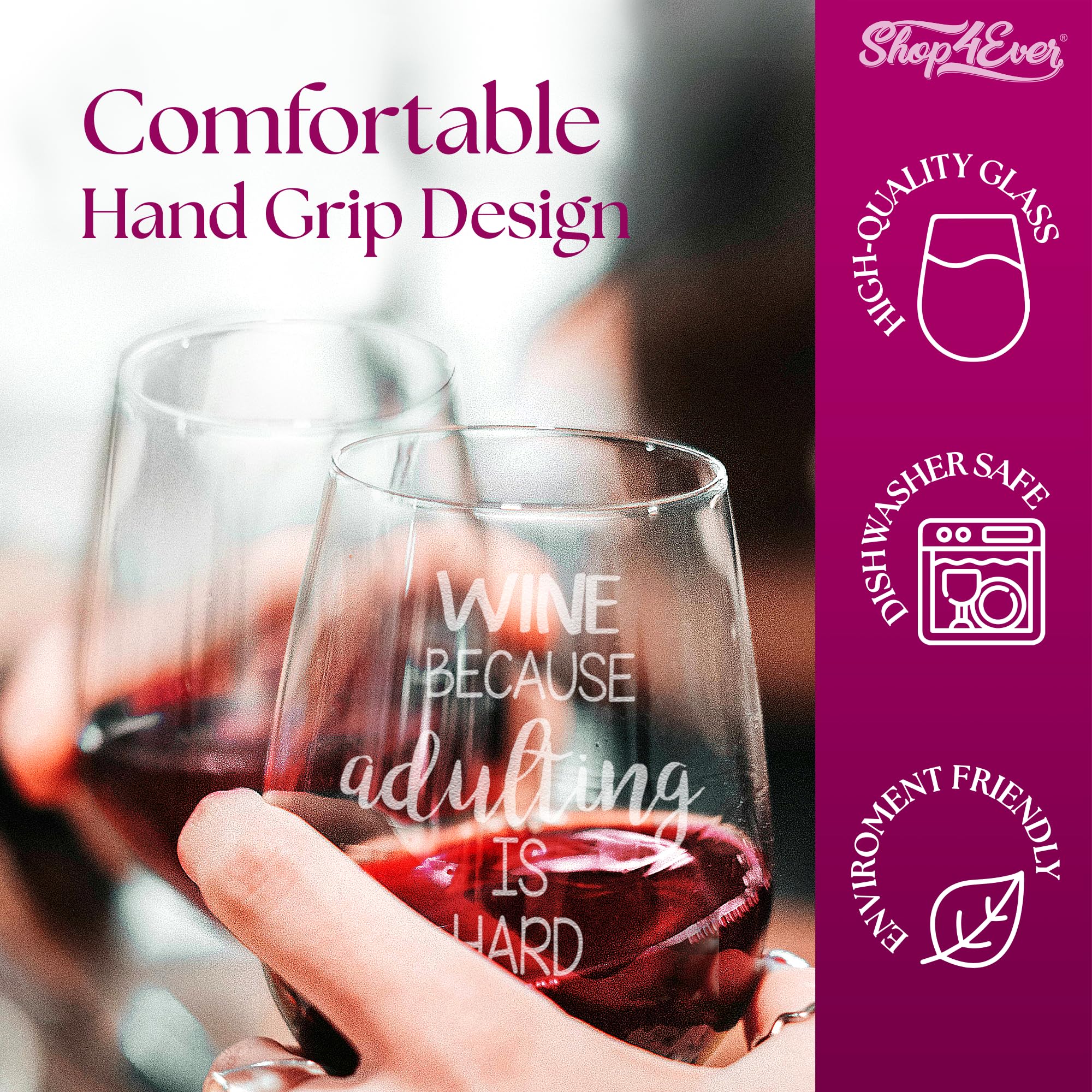 shop4ever Wine Because Adulting is Hard Laser Engraved Stemless Wine Glass 15 oz. Funny Gift