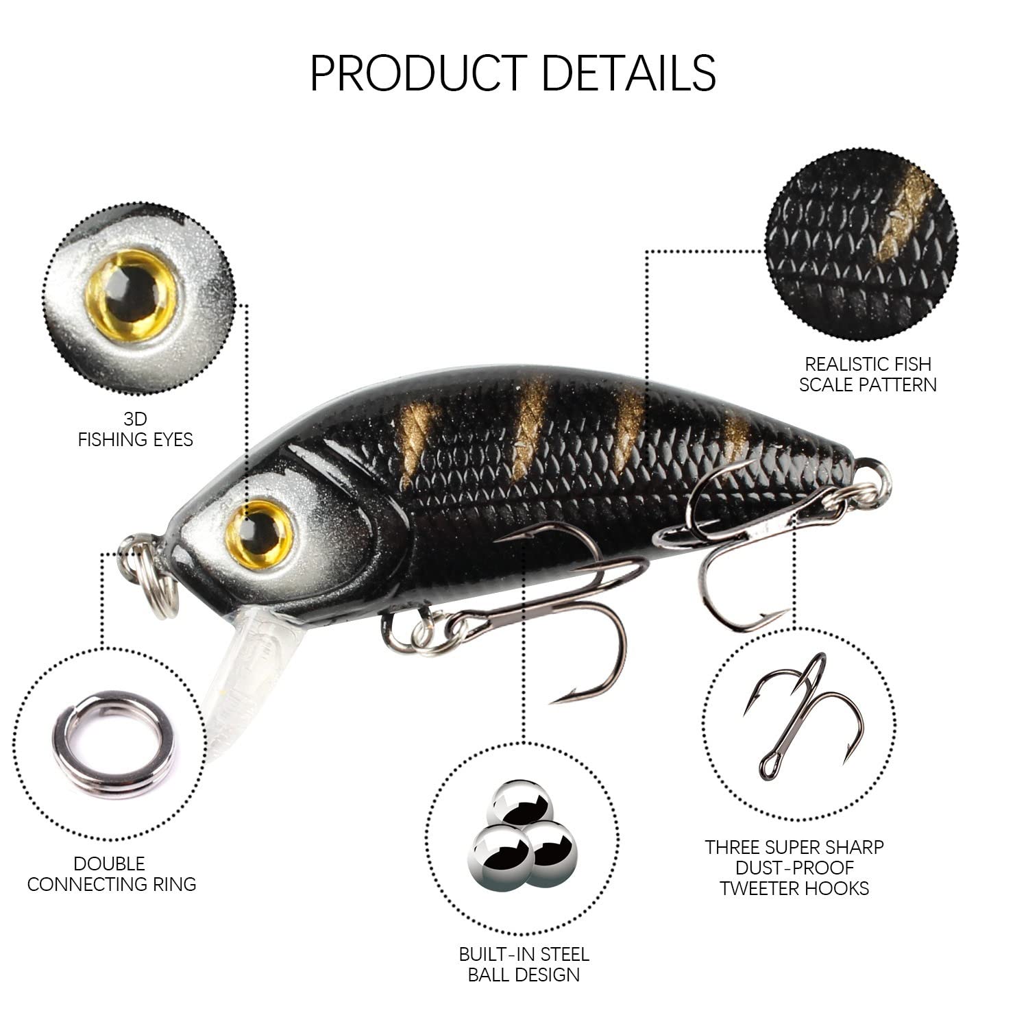 YFGOTFY 7pcs Topwater Lures Crank Baits Wobbler Bionic Swimming Lures Professional ABS Hard Baits Fishing Lures Kit Swimbait with 2 Hooks Fishing Tackle
