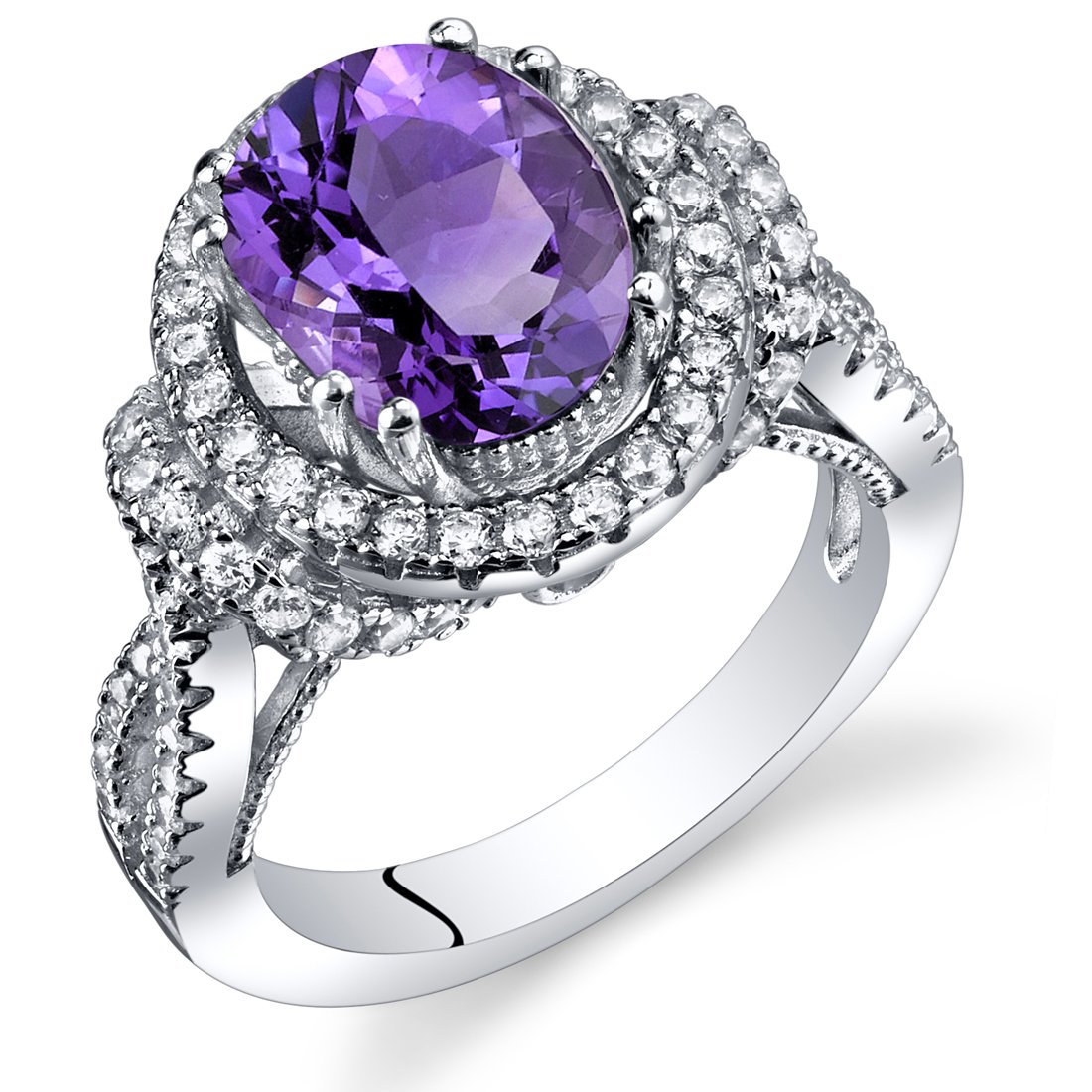 PEORA Amethyst Gallery Ring for Women 925 Sterling Silver, Genuine Gemstone Birthstone, Large 2.25 Oval Shape 10x8mm, Size 7