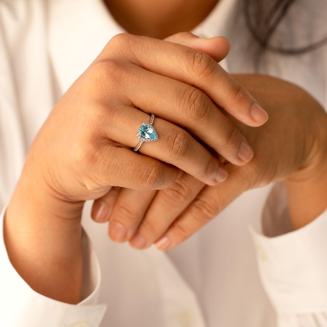 PEORA Aquamarine Teardrop Halo Ring for Women 14K White Gold with White Topaz, Natural Gemstone Birthstone, 1 Carat Pear Shape 9x6mm, Size 7