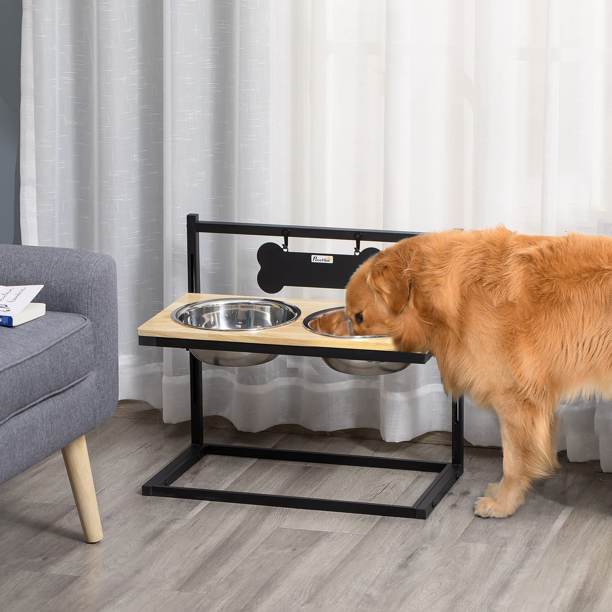 PawHut Elevated Dog Bowls Feeder with Stainless Steel Set, Twin Raised Adjustable Pet Food Platform for Medium, Large Dogs, Natural
