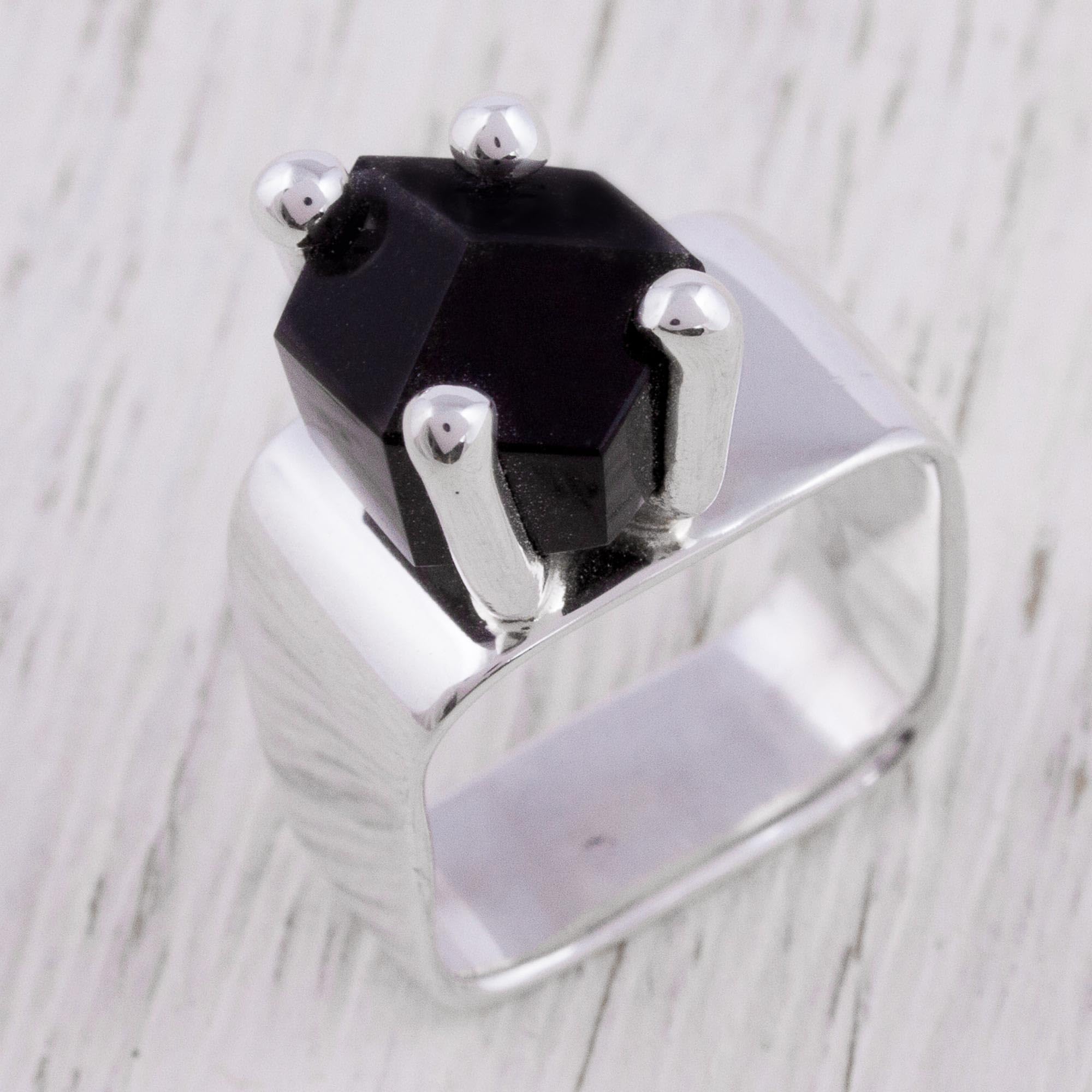 NOVICA Artisan Handmade .925 Sterling Silver Obsidian Solitaire Ring Taxco with Black Single Stone Cocktail Mexico Modern 'Modern Facets'