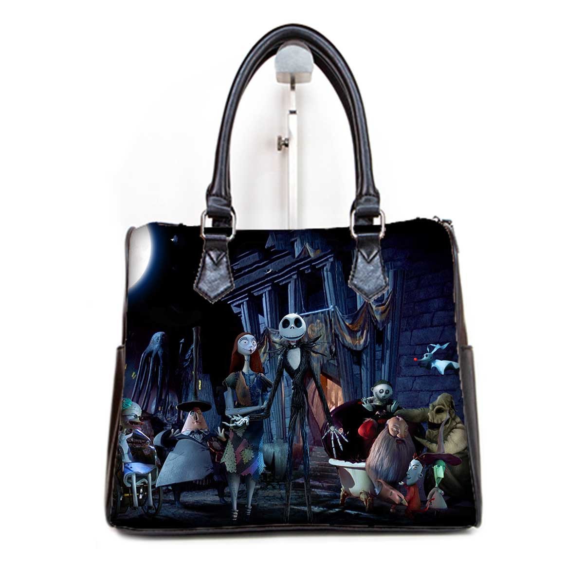 PU Leather Women Barrel Type Handbgas Top-Handle Bags with The Nightmare Before Christmas Print