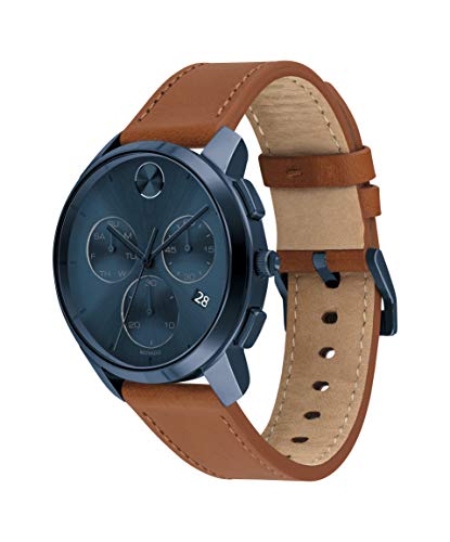 Movado Bold Thin Men's Swiss Qtz Chrono Stainless Steel and Leather Strap Casual Watch, Color: Cognac (Model: 3600630)