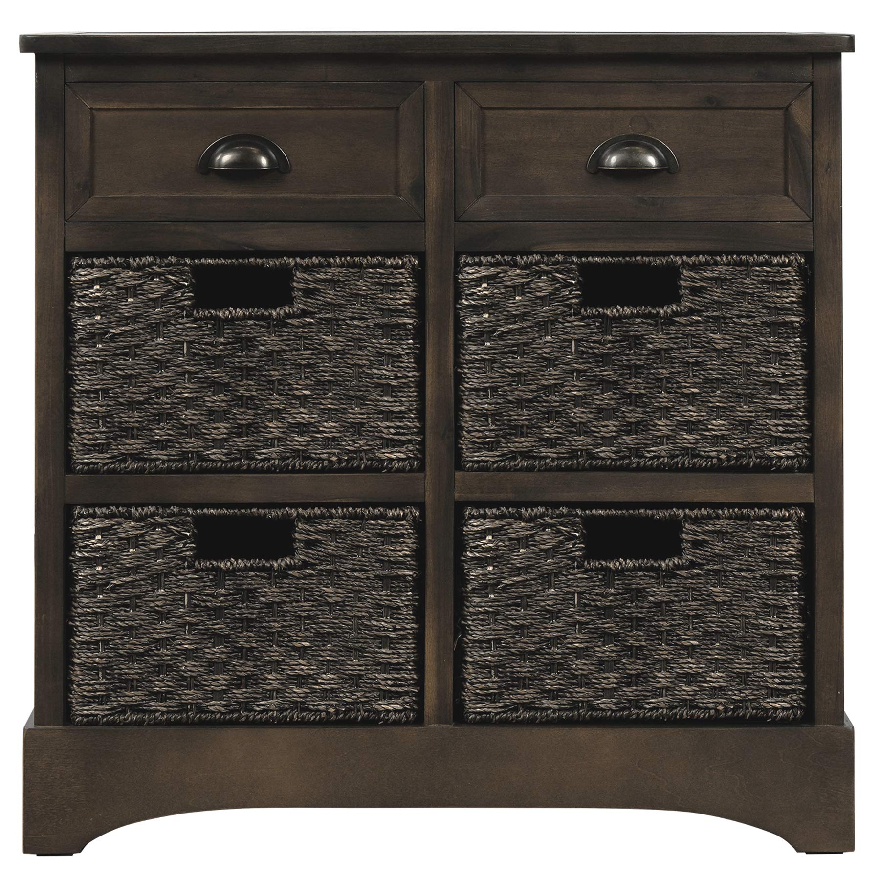 P PURLOVE Storage Cabinet Retro Style Storage Unit with 2 Drawers and 4 Baskets for Home Entryway Living Room (Dark Brown)