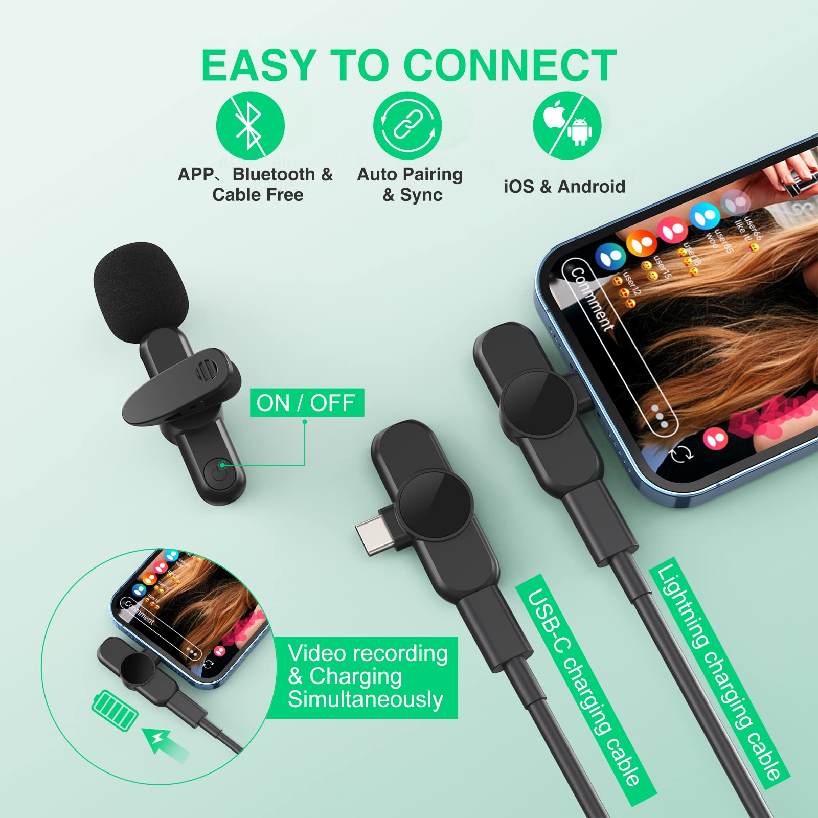 Wireless Lavalier Microphone for iPhone iPad Android, Plug-Play,QTREE Reverberation Auto-Sync Lapel Micophone for Vlog Recording,YouTube,TikTok,Facebook Live Stream(1 Mic with Lighting/USB-C Port)