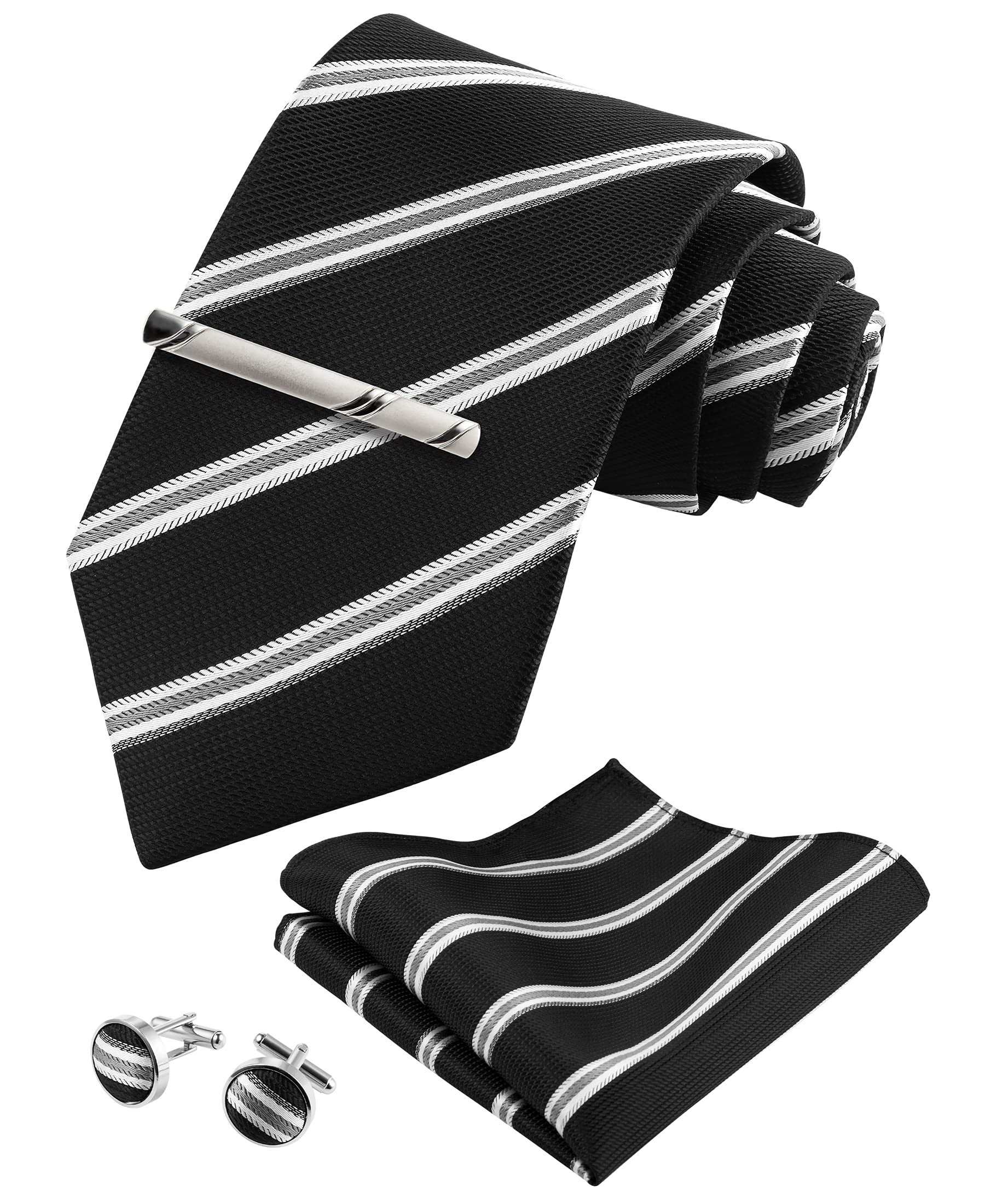 TIE G 4pcs Stripe Plaid Mens Ties Set in Premium Black Gift Box: Woven Necktie and Pocket Square, Cufflinks, Tie Clip for Formal Business Prom Wedding (A2-Black Red Stripe)