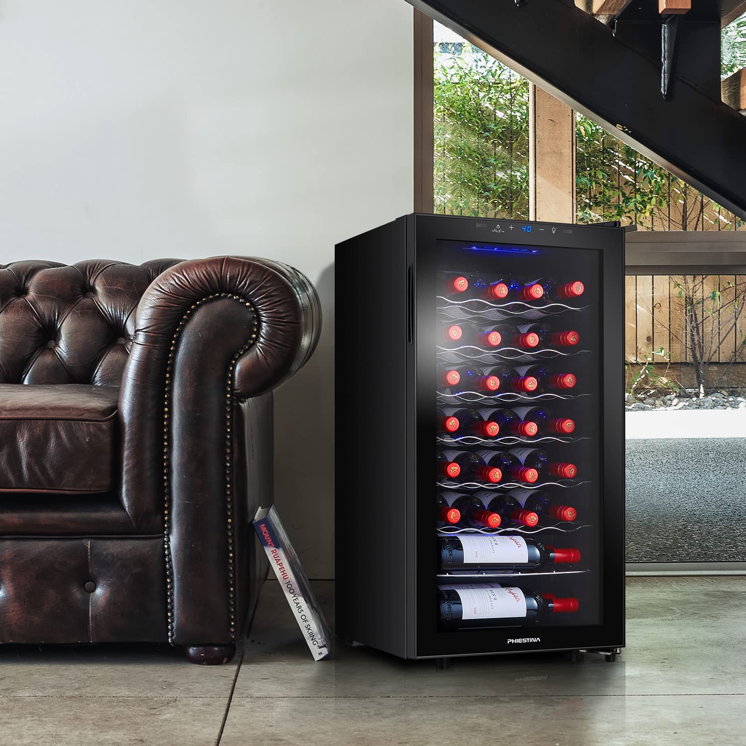 Phiestina Wine and Beverage Refrigerator Wine Cooler Freestanding 28 Bottles or 24 Bottles 15 cans Wine Fridge with LED light Digital Touch Control 7 Removable Shelves for Home/Bar/Office