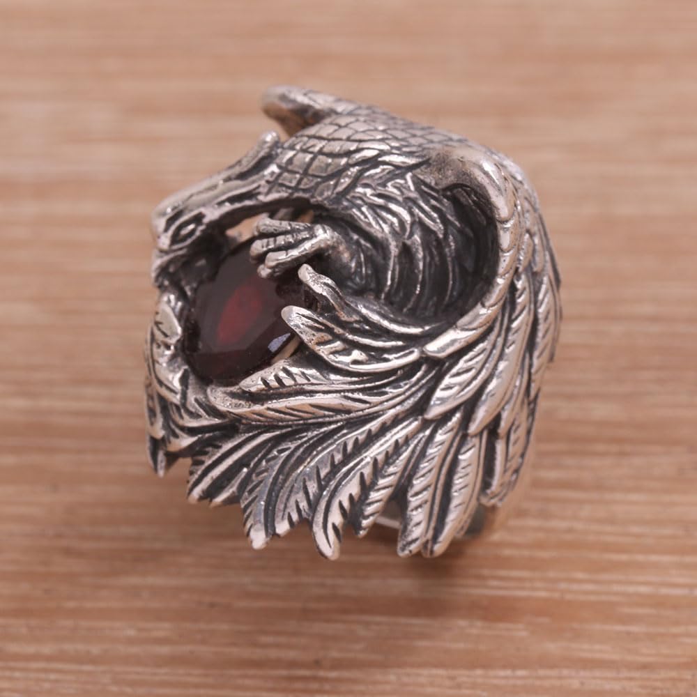 NOVICA Artisan Handcrafted .925 Sterling Silver Garnet Cocktail Ring Phoenix Red Indonesia Animal Themed Birthstone Bird 'Phoenix Flare'