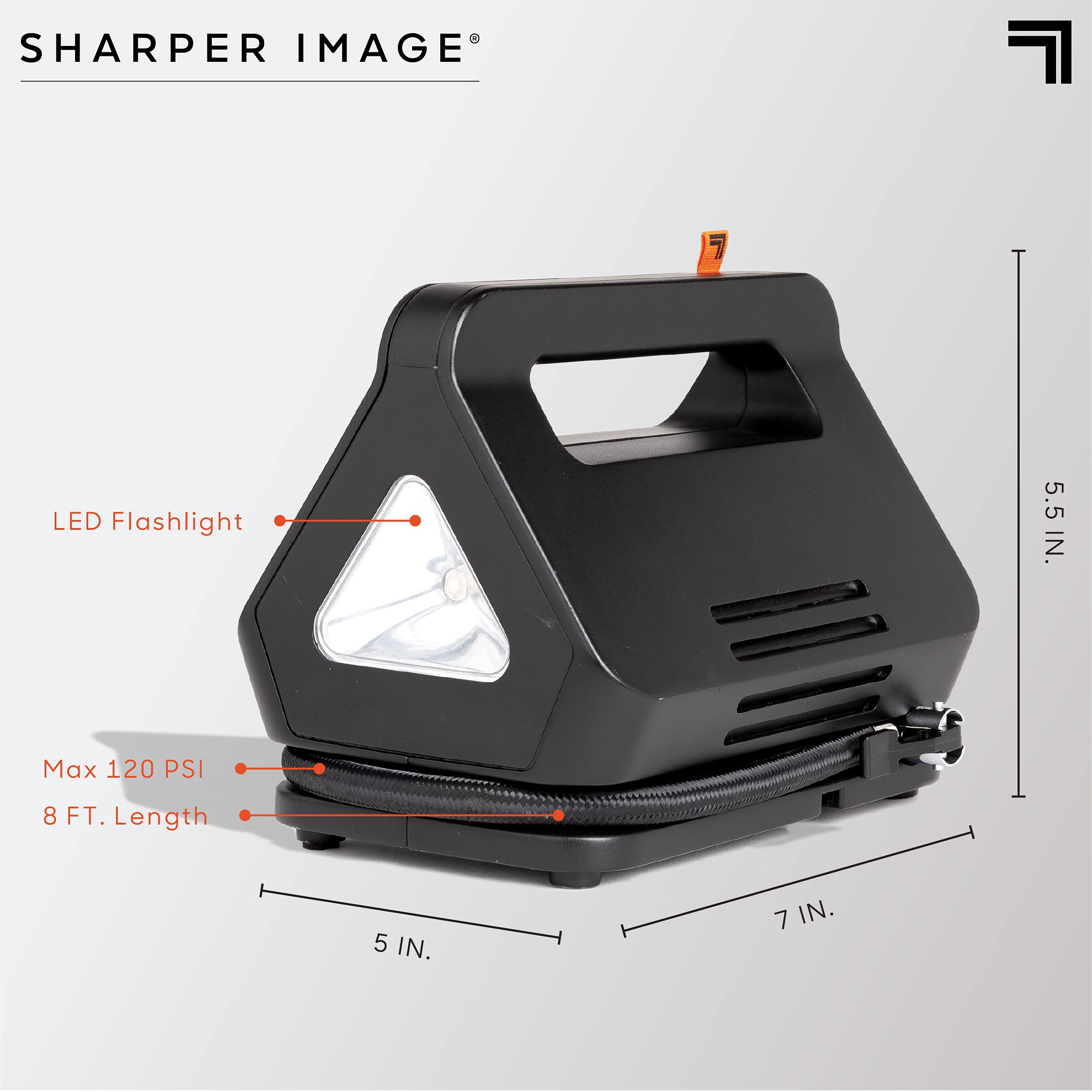 SHARPER IMAGE DC 12V Car Air Compressor With Built-in LED Light, 8 Foot Cord, 120 PSI Max, Includes 3 Nozzle Attachments, Car & Bike Tires, Quick Inflator For Balls Wheels and More