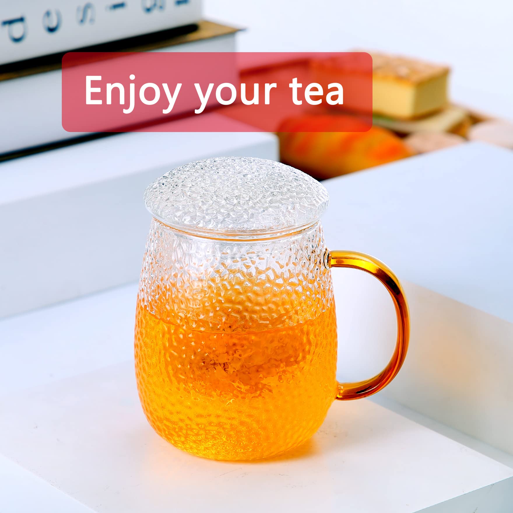 Tea Cup With Infuser and Lid, 19 OZ (560 ml), Amber Color Handle, Food Grade Borosilicate Glass Material, Resistant to Cold and Hot Shock, Hammered Texture Design, Loose Leaf Tea Cup