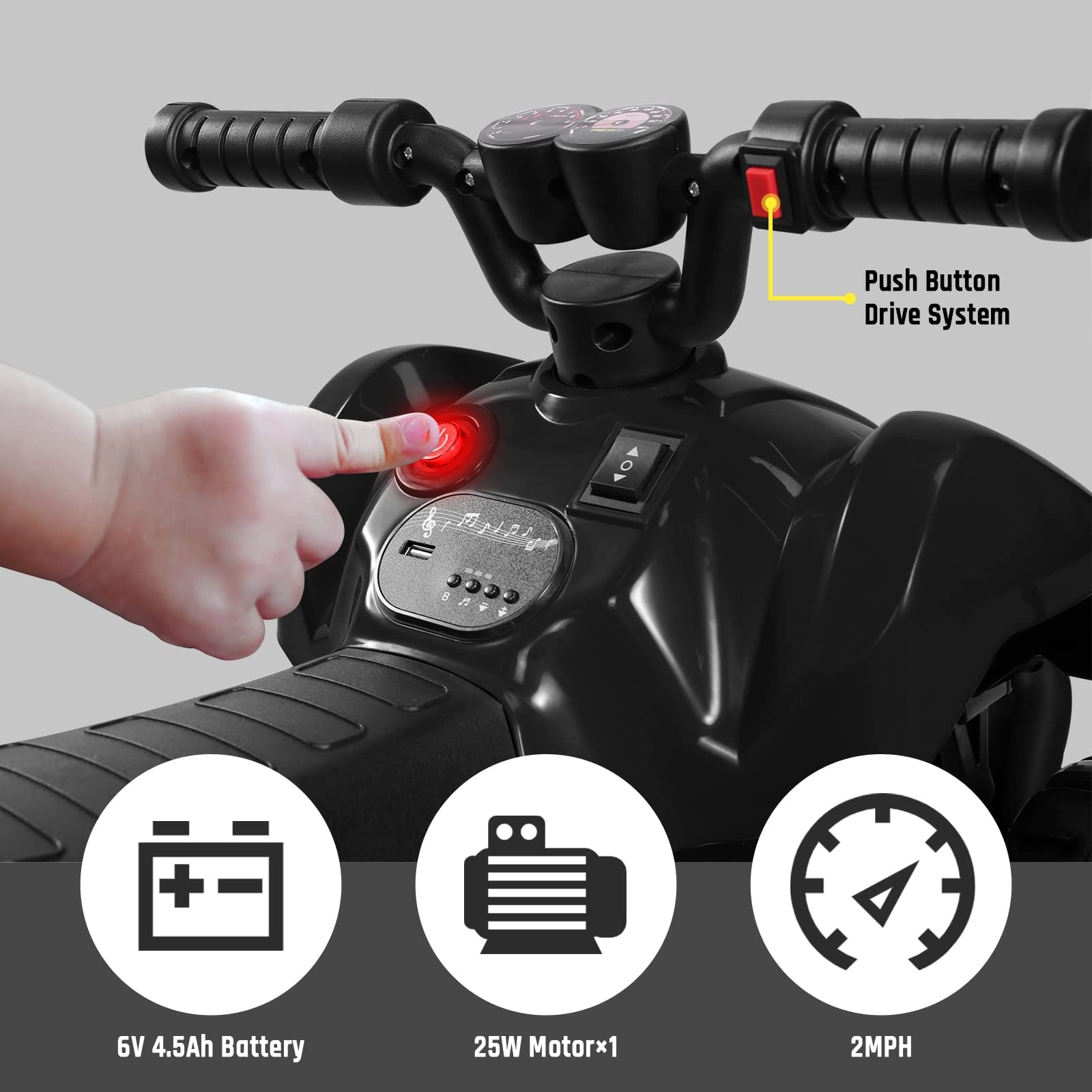 TEOAYEAH 25W Toddlers ATV, Wireless Music, 6V Battery Powered Electric ATV, Rear Motor Ride on Toys, DIY Sticker, Push Button Drive System (Black)