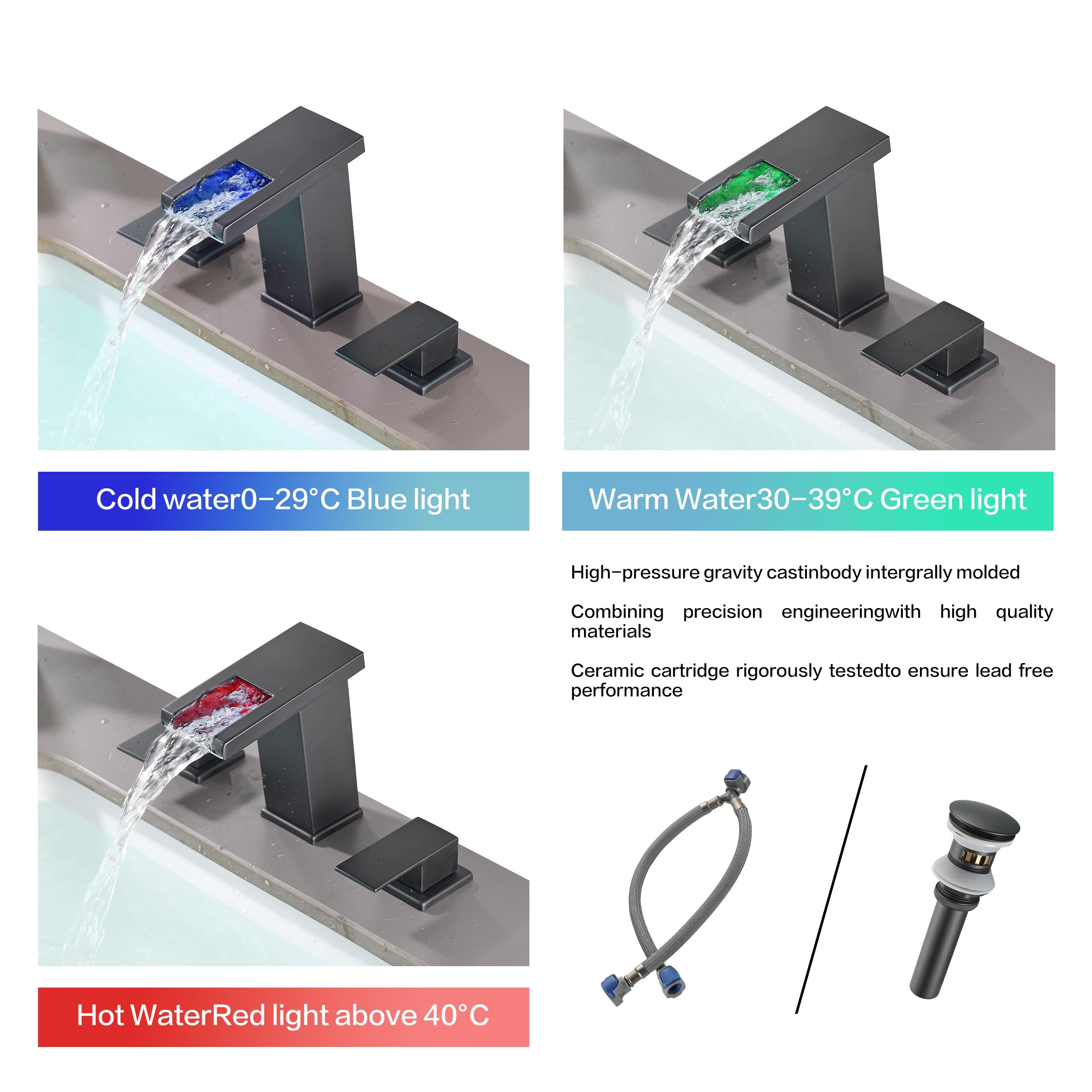 Tai Doo Bathroom Sink Faucet, 3-Piece Waterfall LED Light, 3 Hole, Black, Brass Stainless Steel, Widespread, for Bathroom & RV Sinks