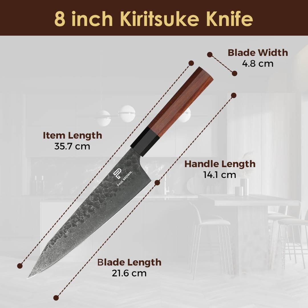 Paul Brown's™ 8 inch 440C High Carbon Stainless Kiritsuke Knife Forged Hammer Pattern with Mahogany Wood Handle and Ashwood Saya