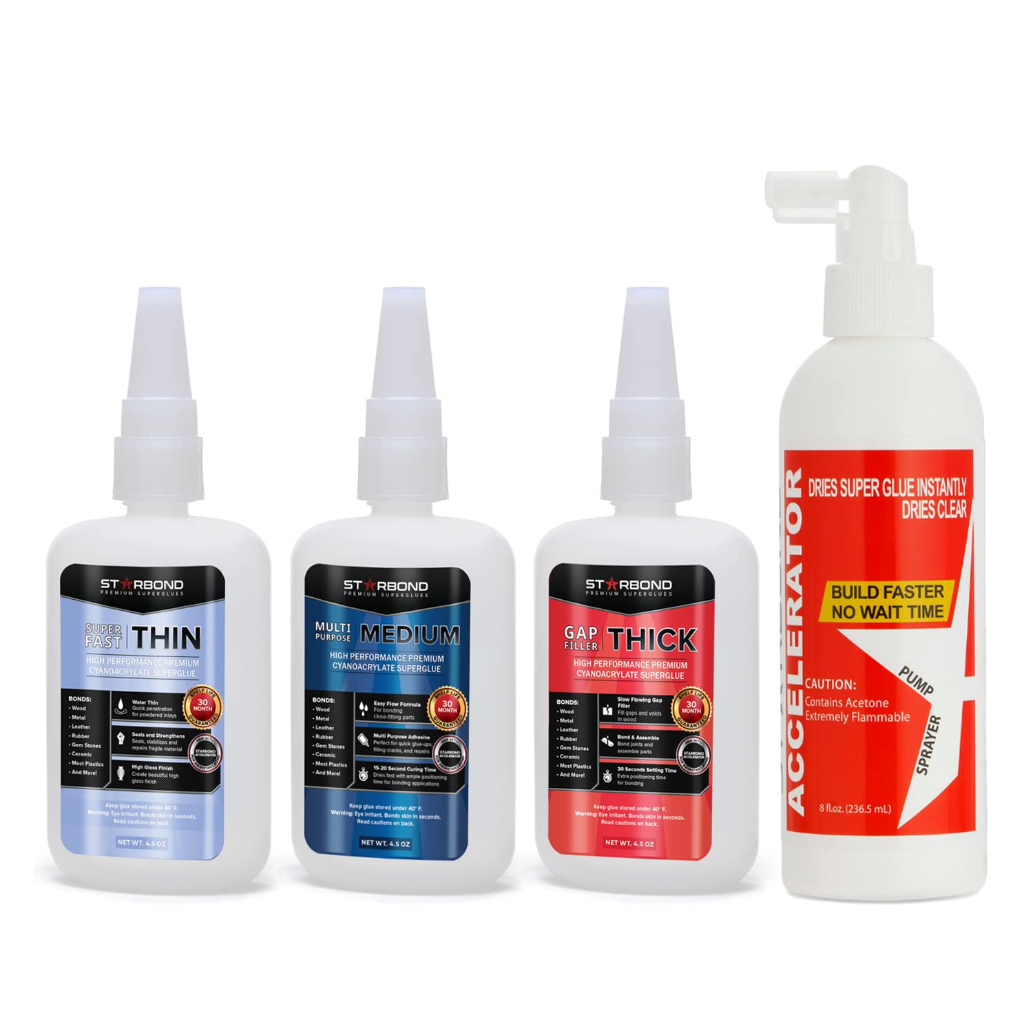 Premium CA Glue with Activator Bundle by STARBOND - (4.5oz) Thin CA Glue, Medium CA Glue, Thick CA Glue with (8 oz) Pump Accelerator/Activator - CA Glue for Woodworking, Woodturning, Hobby Models