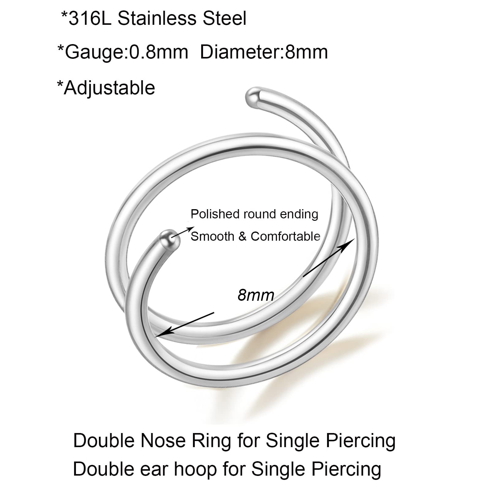 SERYNOW Double Nose Ring for Single Piercing, Twist Nose Ring Hoop, Spiral Nose Hoop Rings for Women
