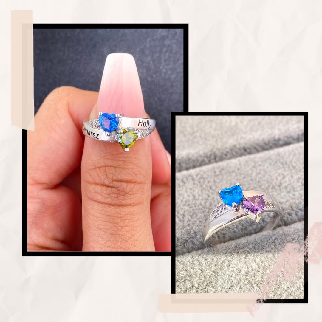 PaulaMax Jewelry Promise Rings for Her β Custom Engraved Birthstone Ring for Women in Sterling Silver or White Gold β Personalized 2 Heart Birthstones, Sizes 5-12