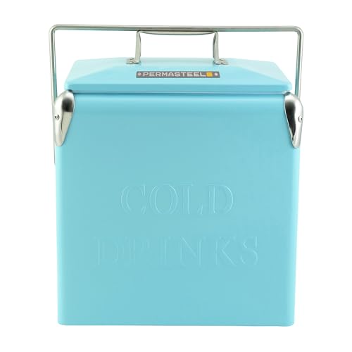 Permasteel 14-Quart Small Cooler Ice Chest | Retro Vintage Classic Style Hard Metal Cooler, PS-A205-14QT-TQ, Beverage Cooler for Camping Beach Picnic, Turquoise