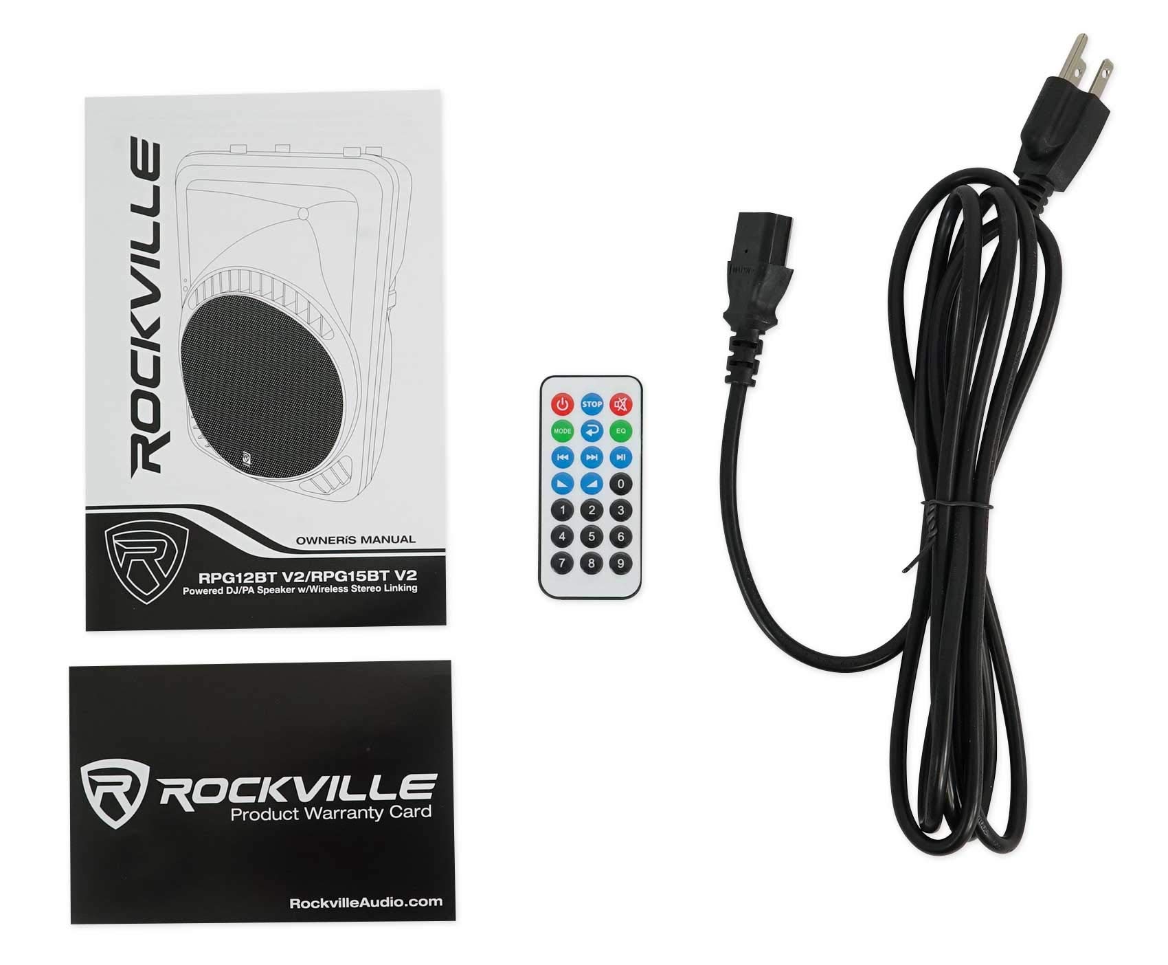 Rockville RPG15BT V2 15" Powered 1000W Speaker Bundle with & RCXMB20B 20' XLR to 1/4'' TRS Cable & (2) Speaker Stands & Rockville RWM1202VH Handheld Microphone & Mackie Mix12FX Compact Mixer (5 Item)
