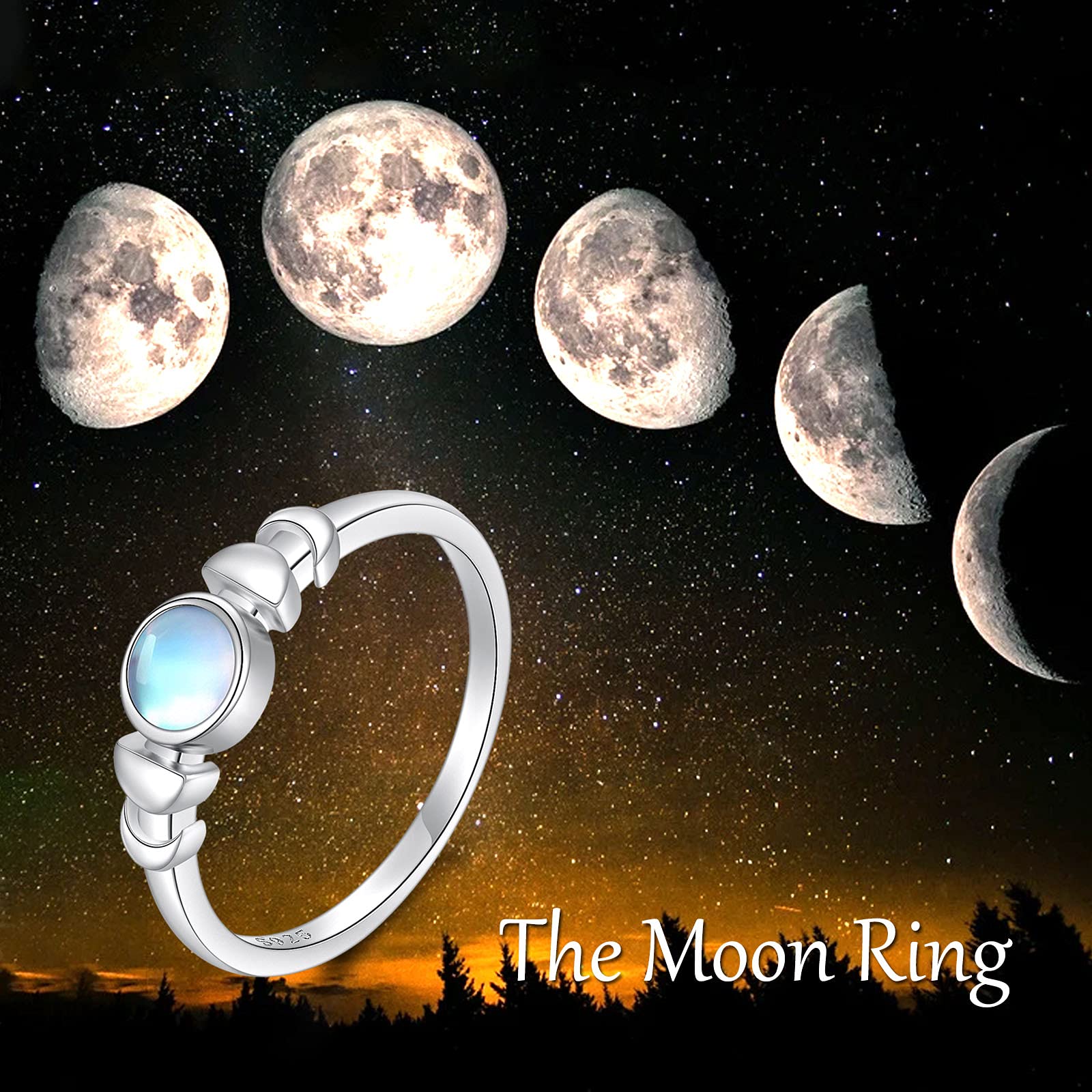 TIGER RIDER 925 Sterling Silver Moon Ring Moonstone Ring (US 8)