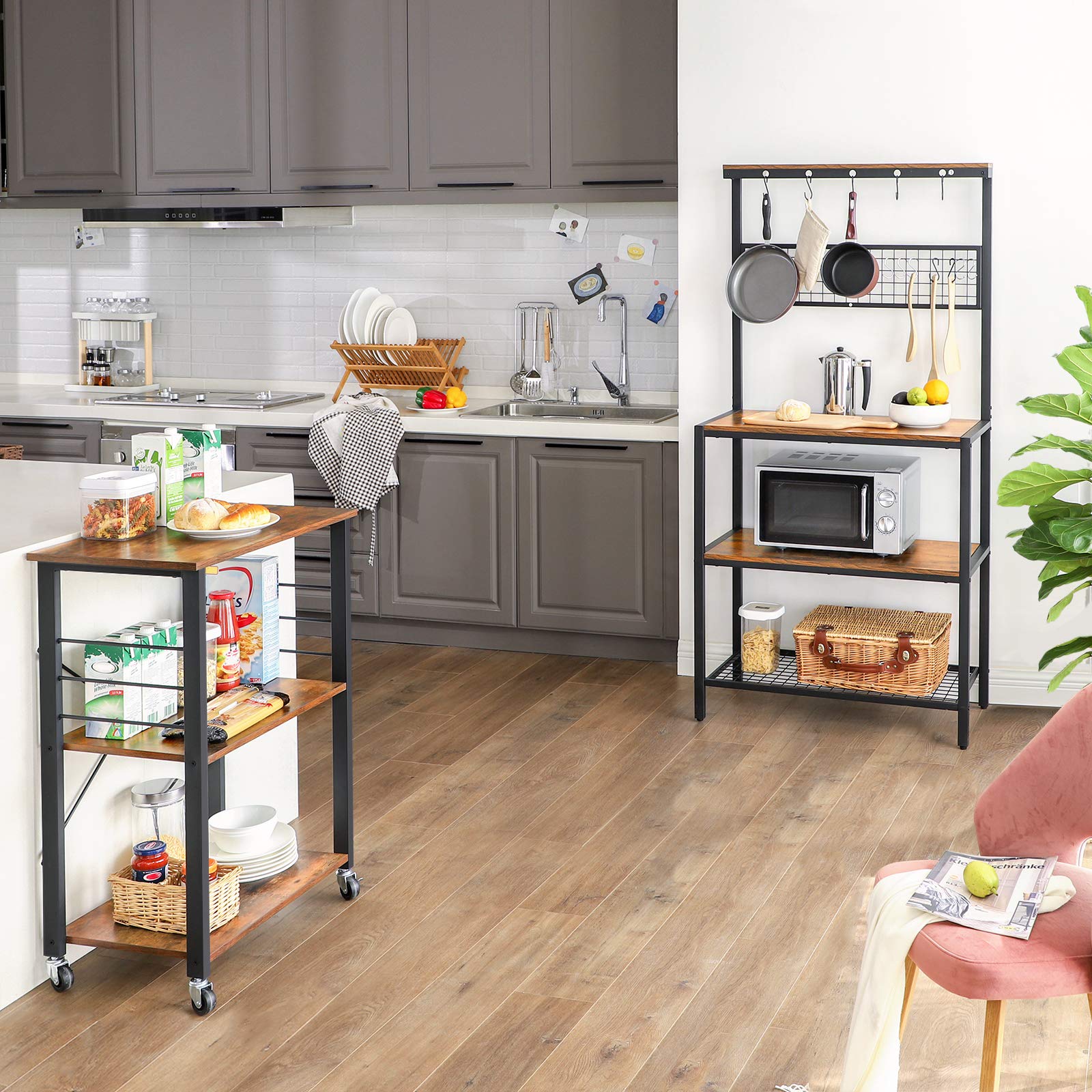 VASAGLE Coffee Bar and Baker’s Rack Bundle, Kitchen Storage Racks with Shelves, Hooks, for Microwave, Rustic Brown and Black UKKS17BX and UKKS35X