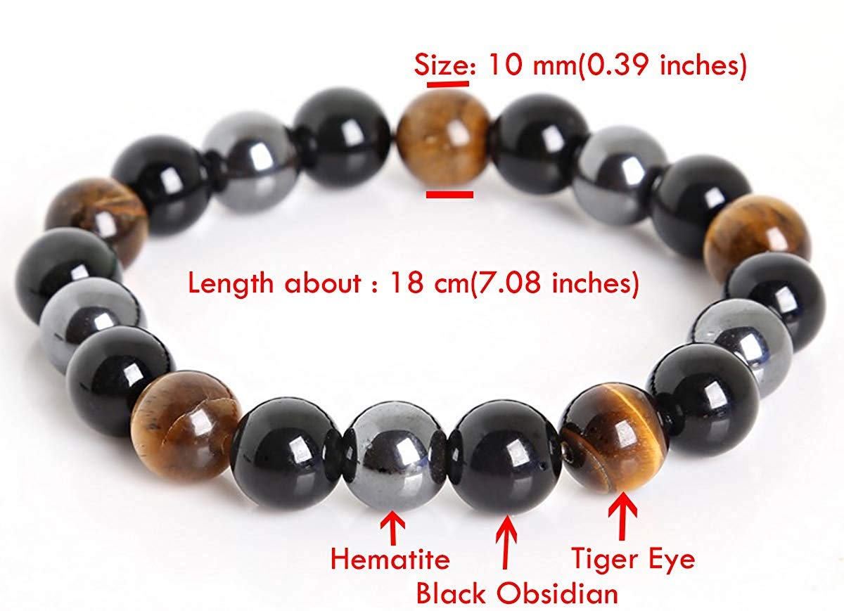 Mseleuq Triple Protection Bracelet Black Obsidian Tiger Eye Stone Bracelets for Protection Bring Luck and Prosperity Hematite (10MM)