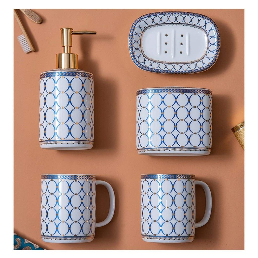 Shower Pump Soap Dispenser, 6 Piece Bathroom Sink Set,Toothbrush Holder, Tooth Glass X 2, Soap Dish, Soap Dispenser,Tray (Color : Blue Circles) (Blue Circles)
