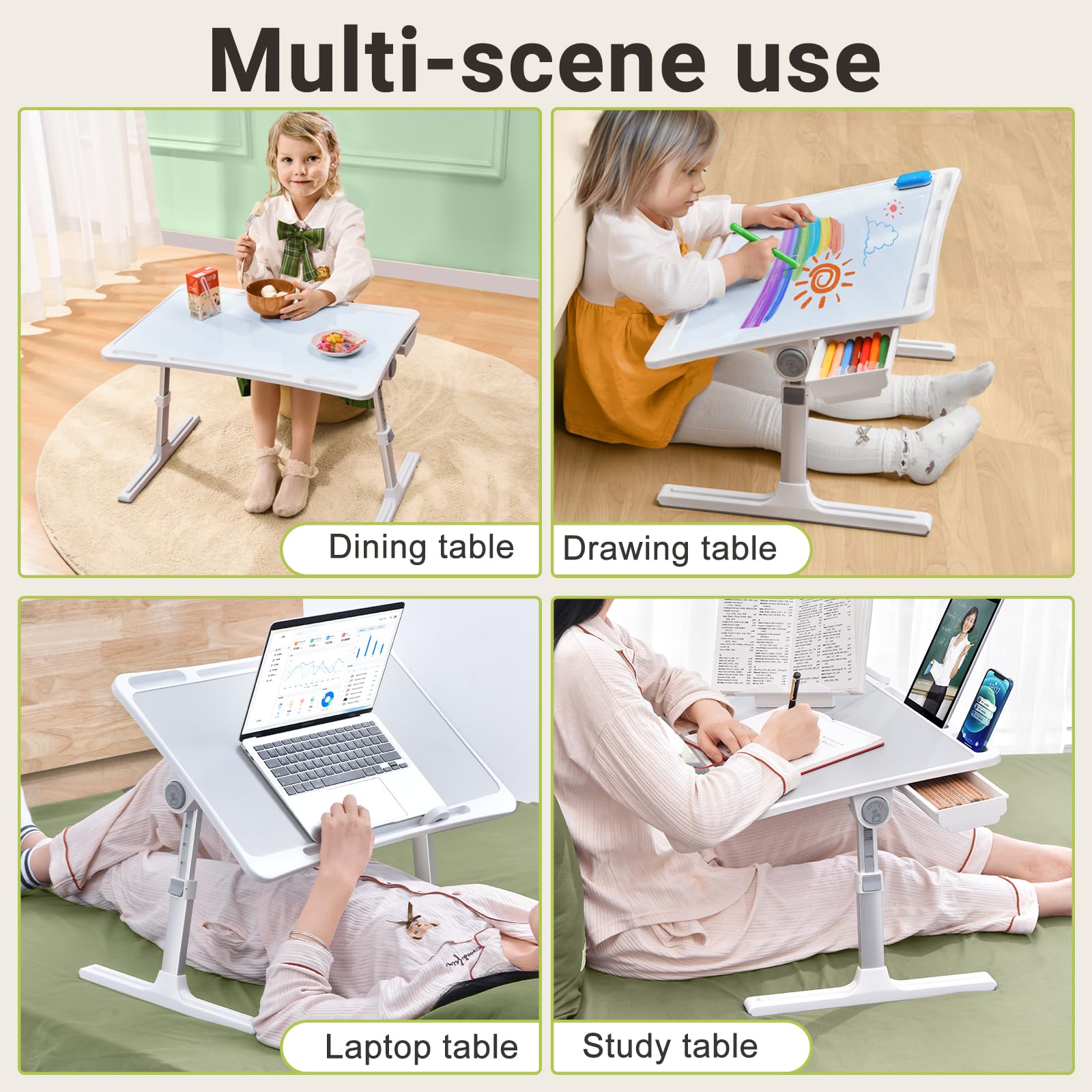 OGRANEE Kids Lap Desk, Dry Erase Table Adjustable Angles Height, Dry Erase Board for Kids with Drawer & Dry Eraser Markers, Foldable Bed Desk for Laptop and Writing, Drawing, Reading, White(24"*16.5")