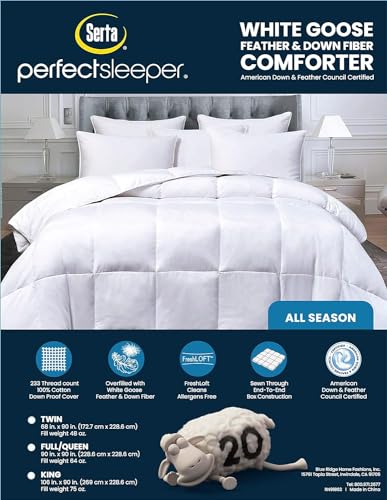 Serta White Goose Feather and White Goose Down Fiber Comforter Hotel Luxury Edition Hypoallergenic 100% Cotton, All Seasons Warmth King