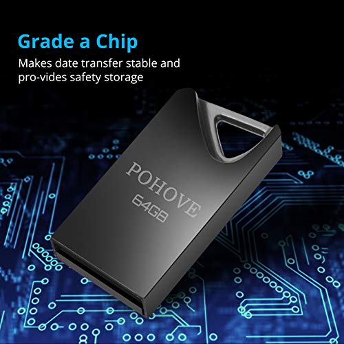 POHOVE USB Flash Drive 64GB Mini Memory Stick 64 GB Portable Pen Drive 64GB Waterproof USB Stick with Key Ring for PC Laptop Computers Tablet etc -Black